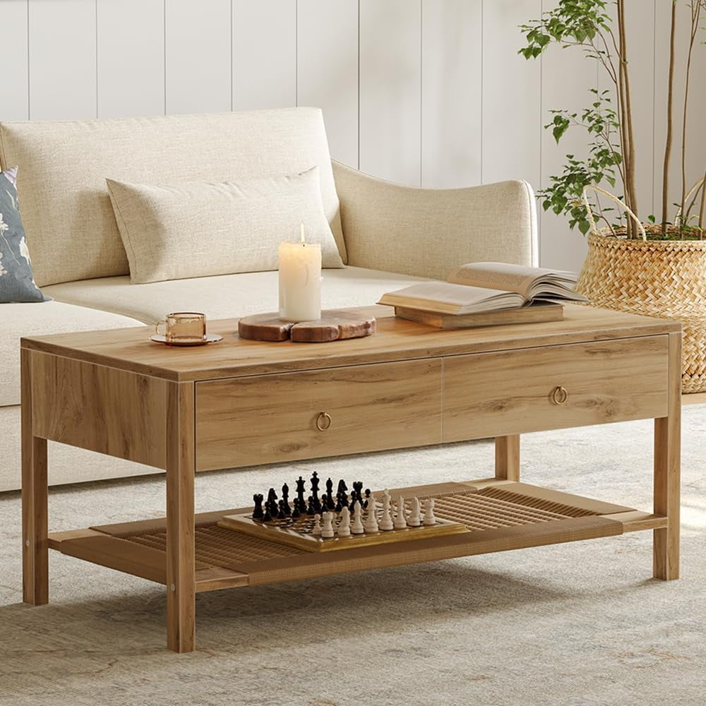 Dowinx Boho Coffee Table with Storage, 42" Wood Coffee Table for Living ...