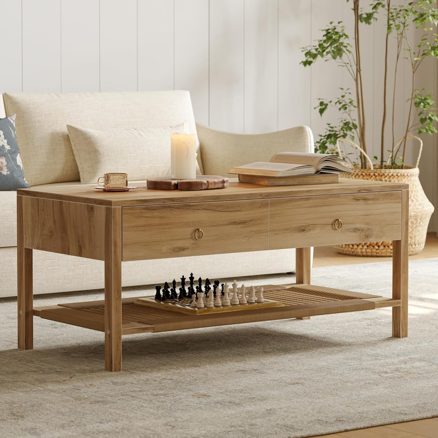 Dowinx Boho Coffee Table with Storage, 42" Wood Coffee Table for Living ...