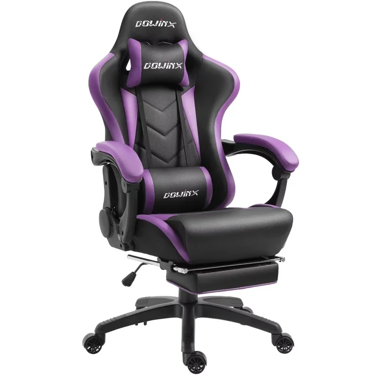 Dowinx Gaming Chair with Massage Lumbar Retractable Footrest Leather Swivel Black Purple Walmart