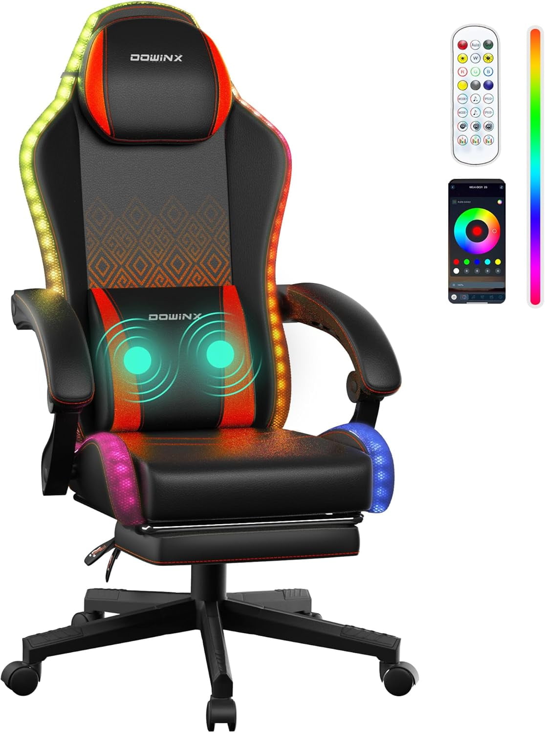 Dowinx Gaming Chair, LED Game Chair with Massage Lumbar Support and ...