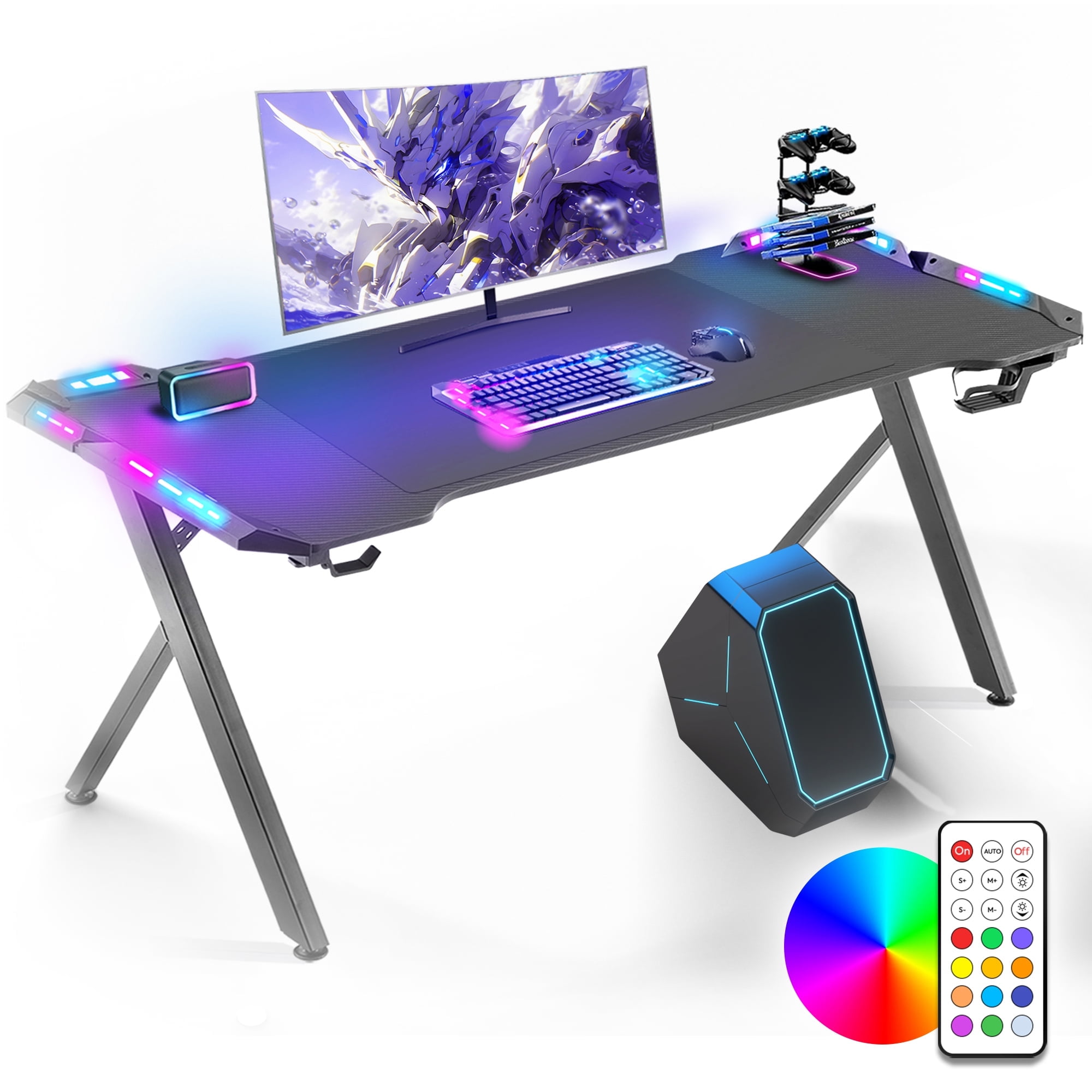 Dowinx Gaming Desk with LED Lights, RGB Computer Table with Carbon ...