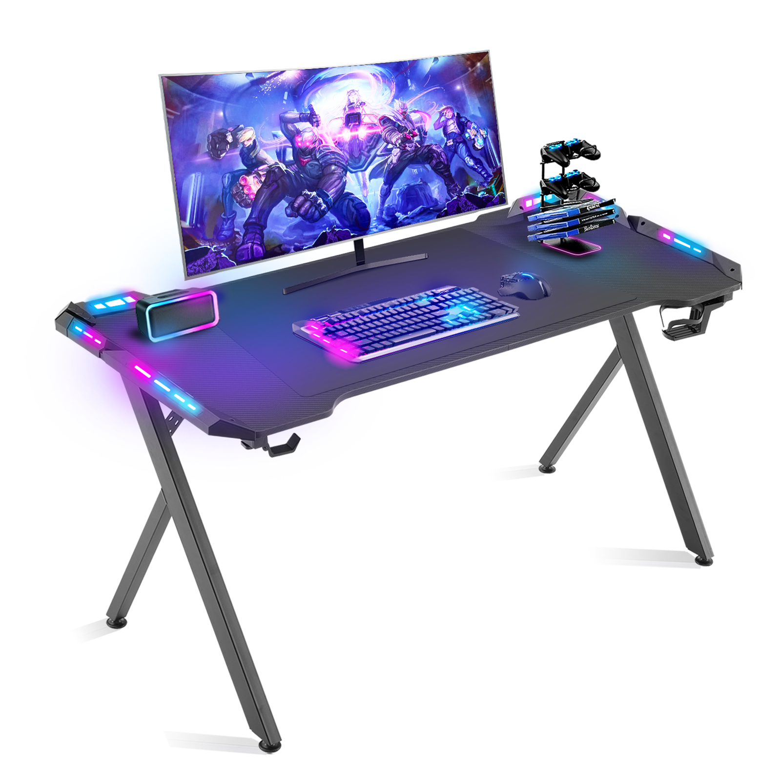 Dowinx Gaming Desk with LED Lights, RGB Computer Table with Carbon ...