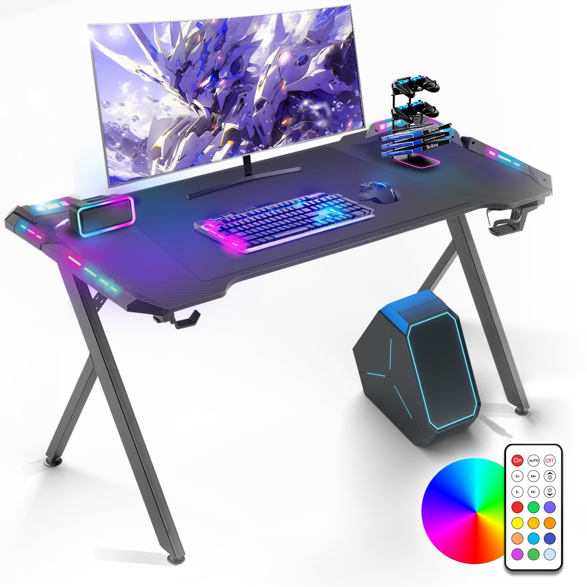 Dowinx Gaming Desk with LED Lights, RGB Computer Table with Carbon ...
