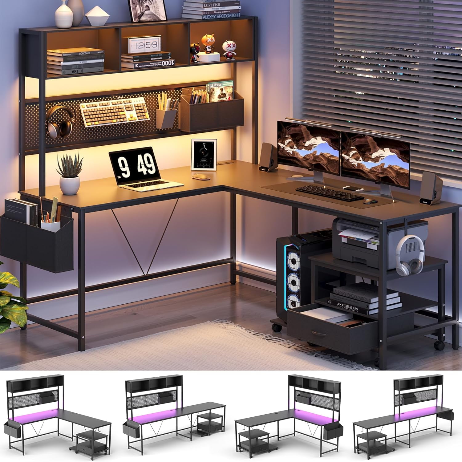 Dowinx L Shaped Desk with Pegboard and Removable Filing Cabinet ...