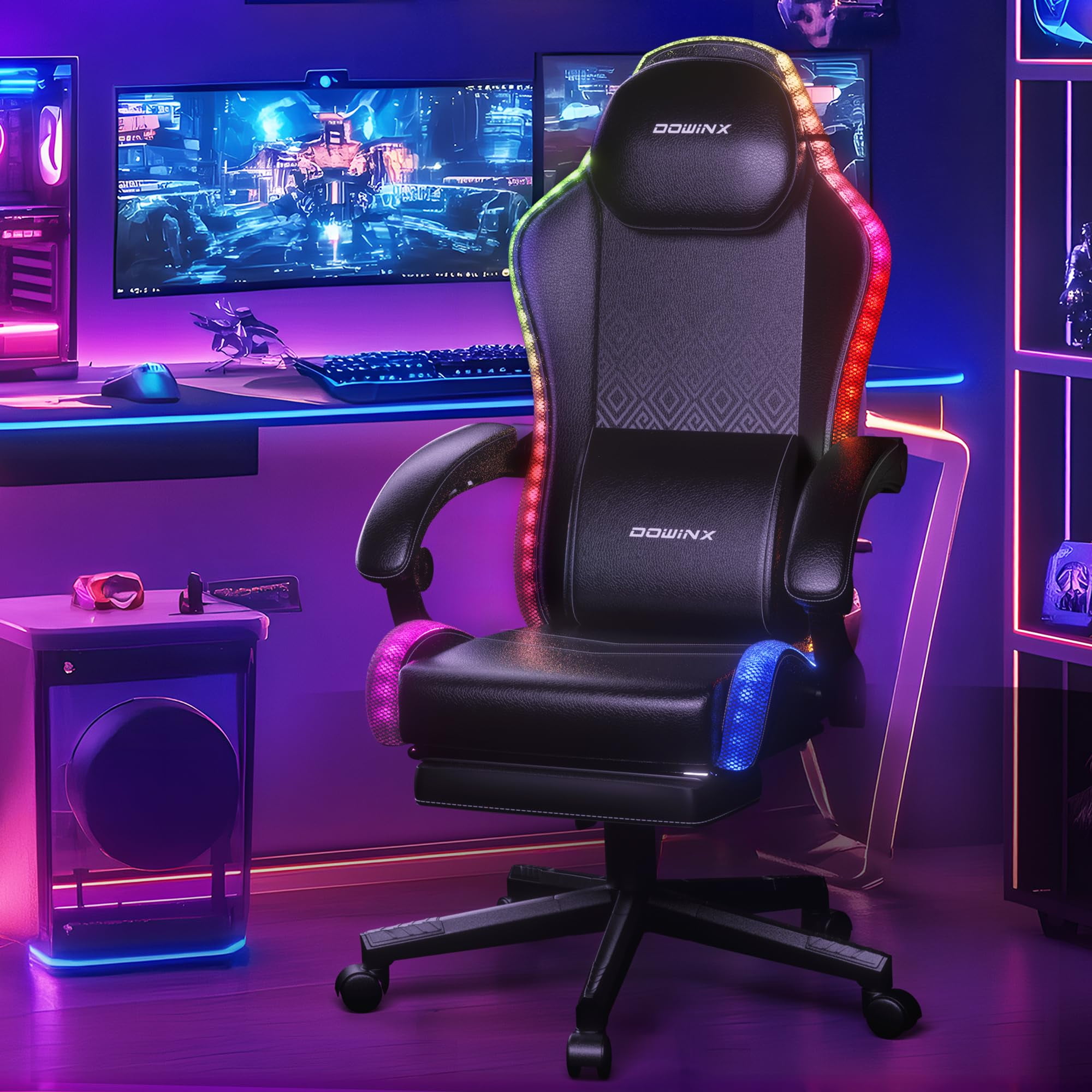 Dowinx RGB LED Gaming Chair with Massager and Retractable Footrest ...