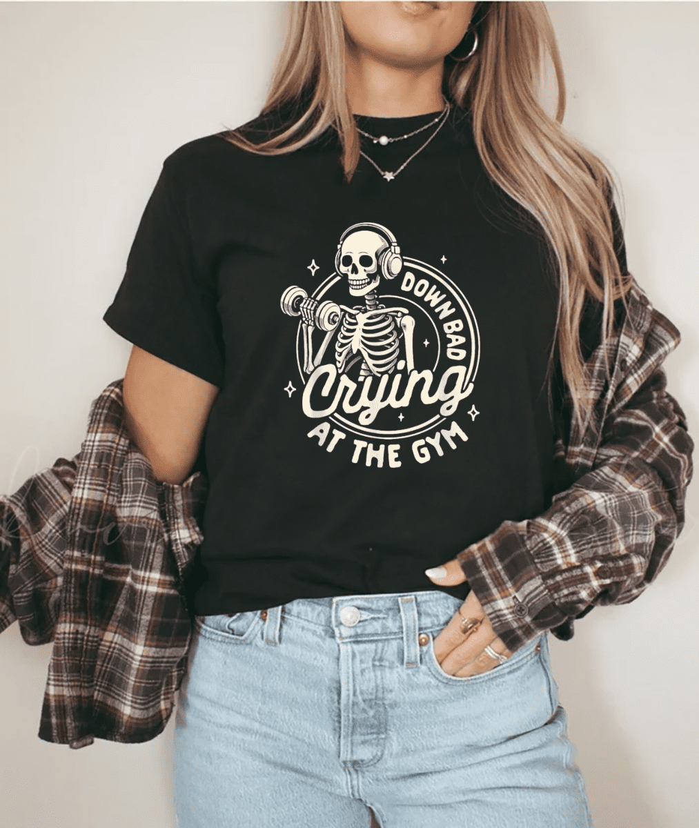 Down Bad Crying At The Gym Funny Workout Pump Cover Quote Unisex T ...