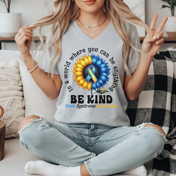 Down Syndrome Awareness Shirt Be Kind Sunflower Tee Blue Yellow Ribbon ...