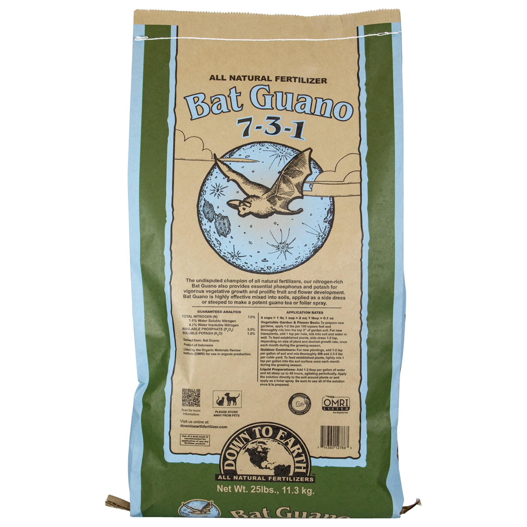 Down to Earth Organic Bat Guano Fertilizer 7-3-1, Garden Plant Food, 25 ...
