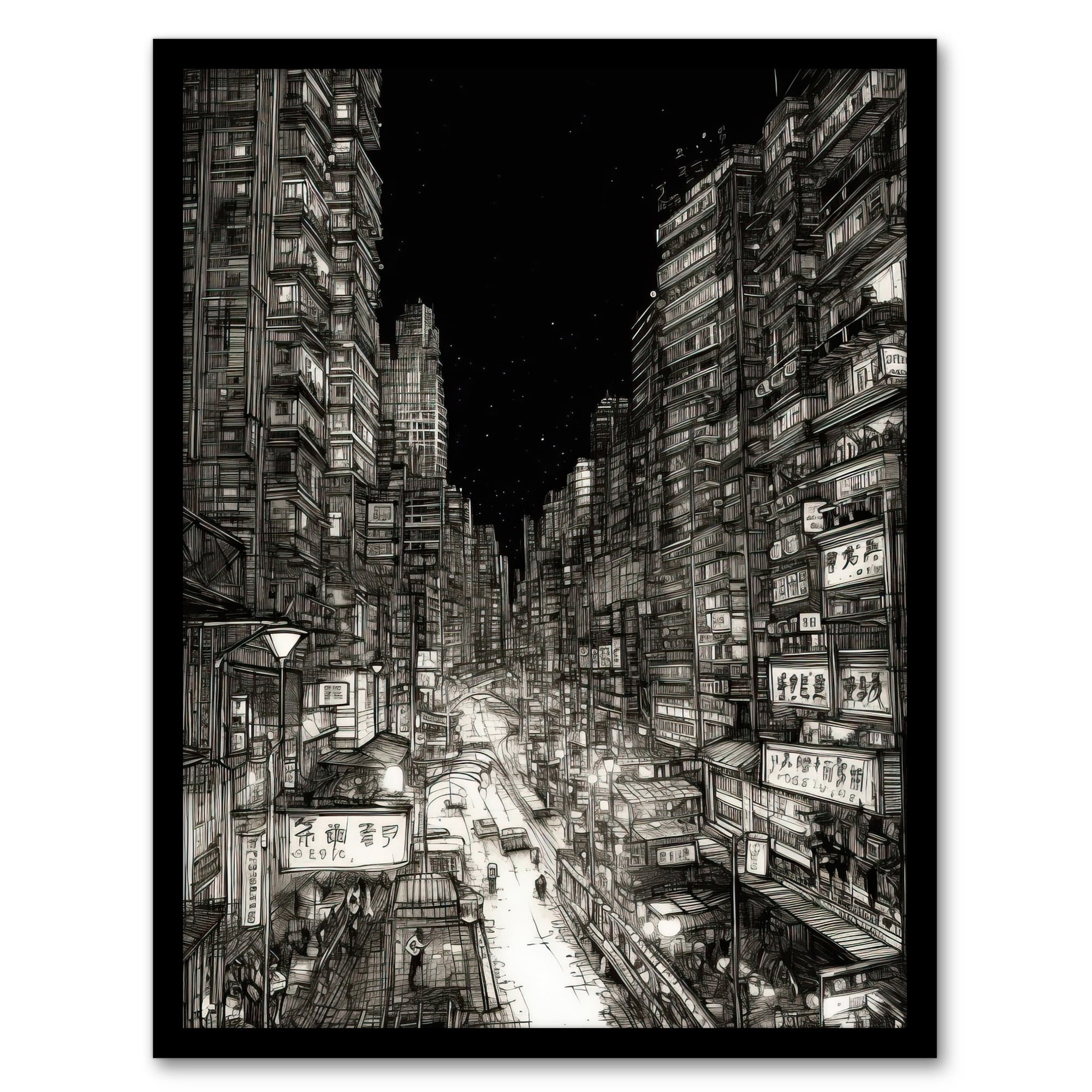 Downtown Tokyo Sketch Cityscape Pen & Ink Drawing Japan Black White Art ...
