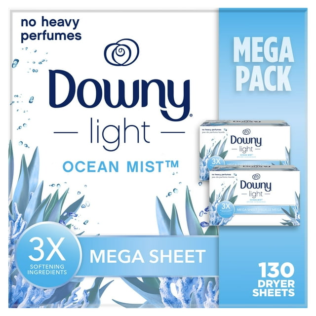 Downy Mega Dryer Sheets, Ocean Mist Scent, 130 Count, Fabric Softener ...