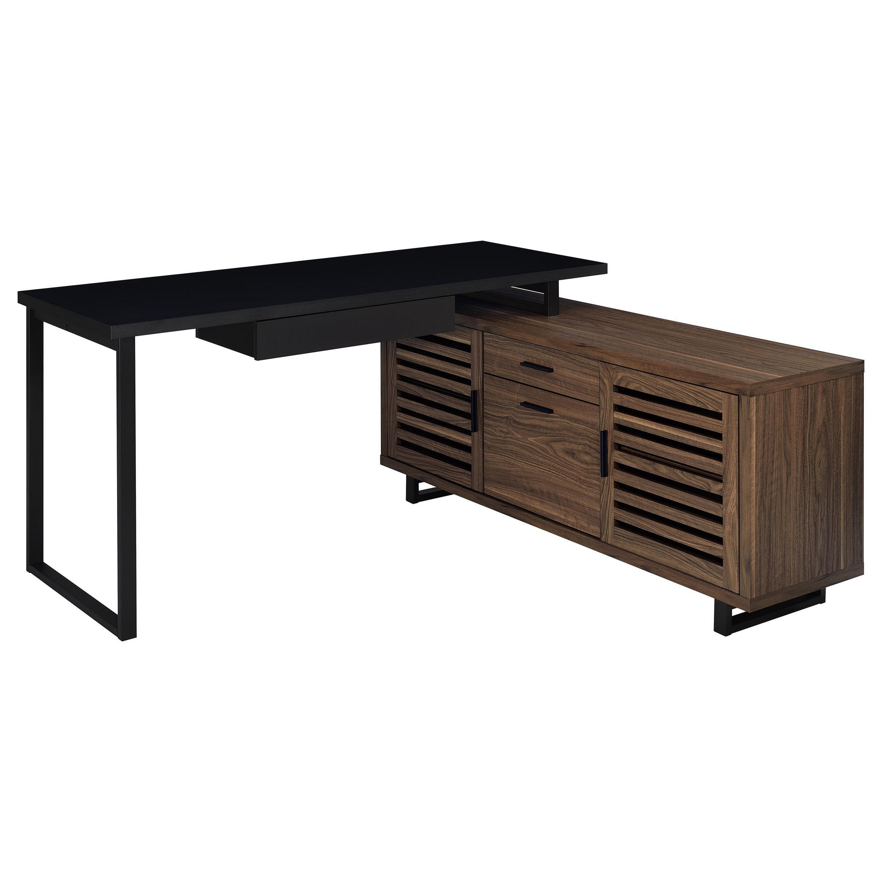 Doxx L Shape Computer Desk, 2 Doors Drawers Black Metal, Walnut Wood ...