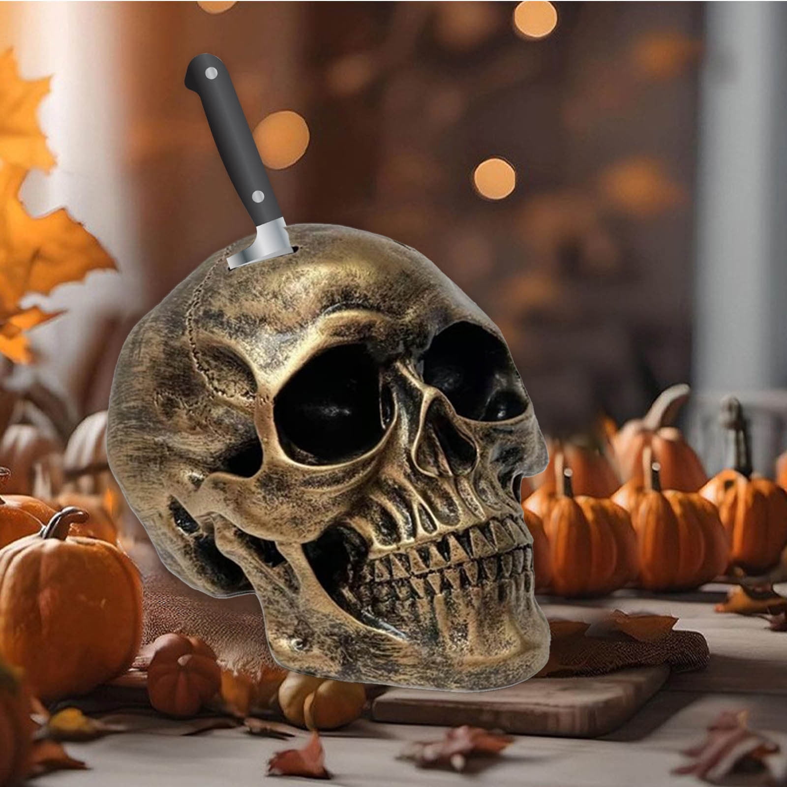 Dpityserensio Home Fall Decor Skeleton Head Knife Hold Horrifying Mood Skeleton Head Prop ...