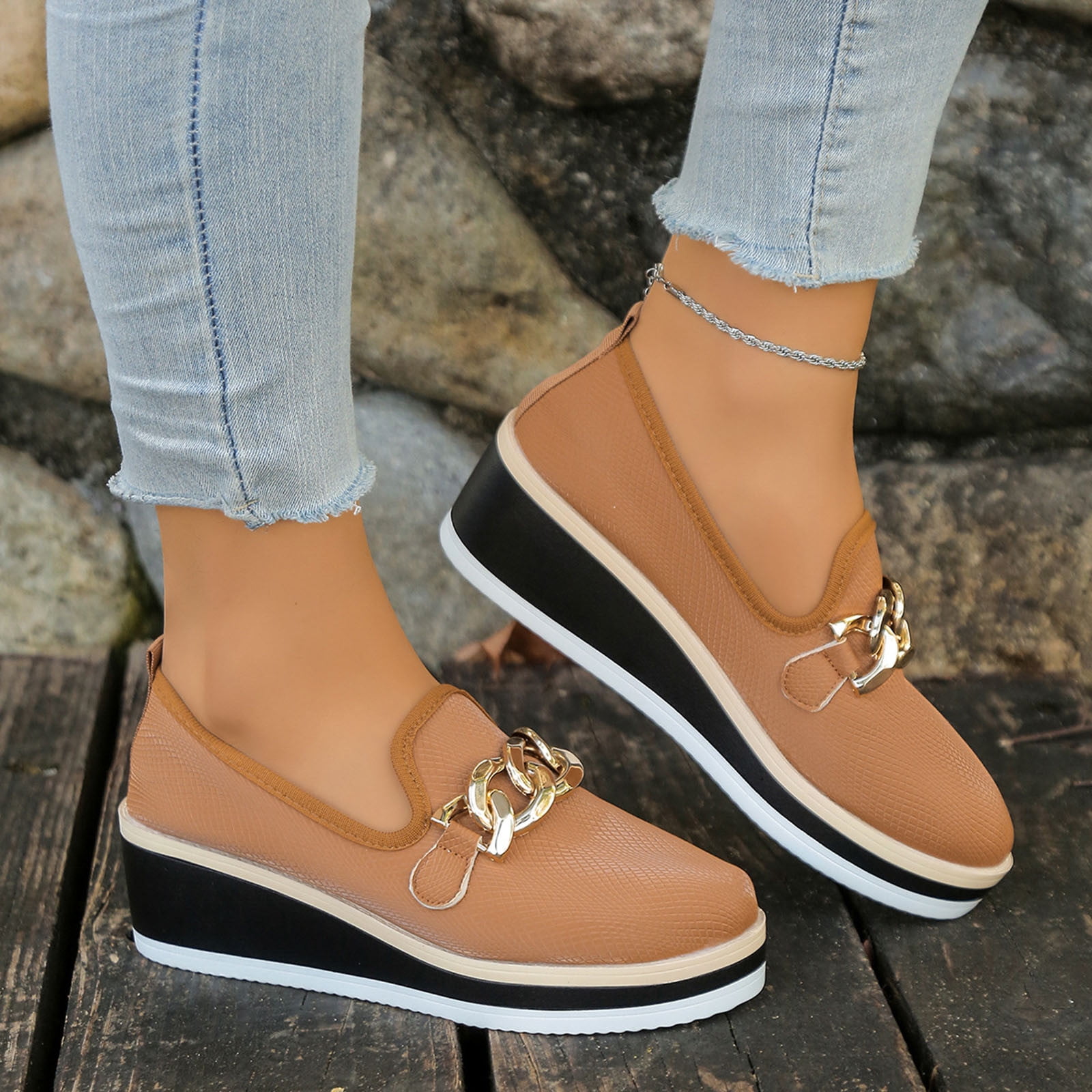 Dpityserensio Women's Casual Metal Chain Wedge Heel Large Size Thick ...