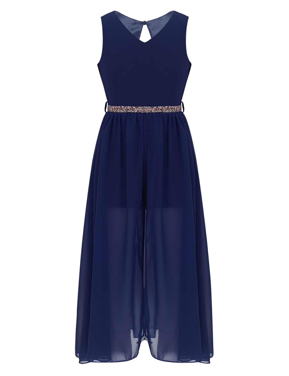 Dpois Breathable V Neck Chiffon Romper Gown with Belt, Formal Dress ...