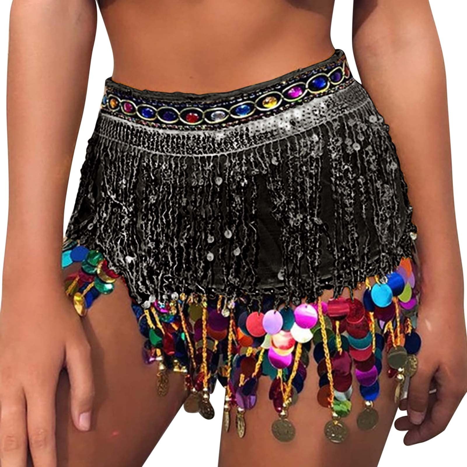 Dpytoraw Boho Fringe Skirt Sequin Tassel Belly Dance Scarf Rave Party Skirts Belts For Women And ...