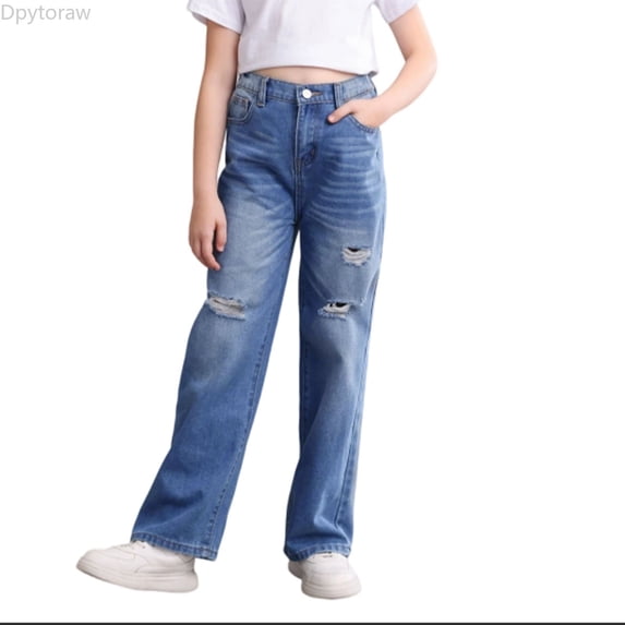 Dpytoraw Girls Distressed Denim Pants, Wide Leg Casual Comfort Stretch ...