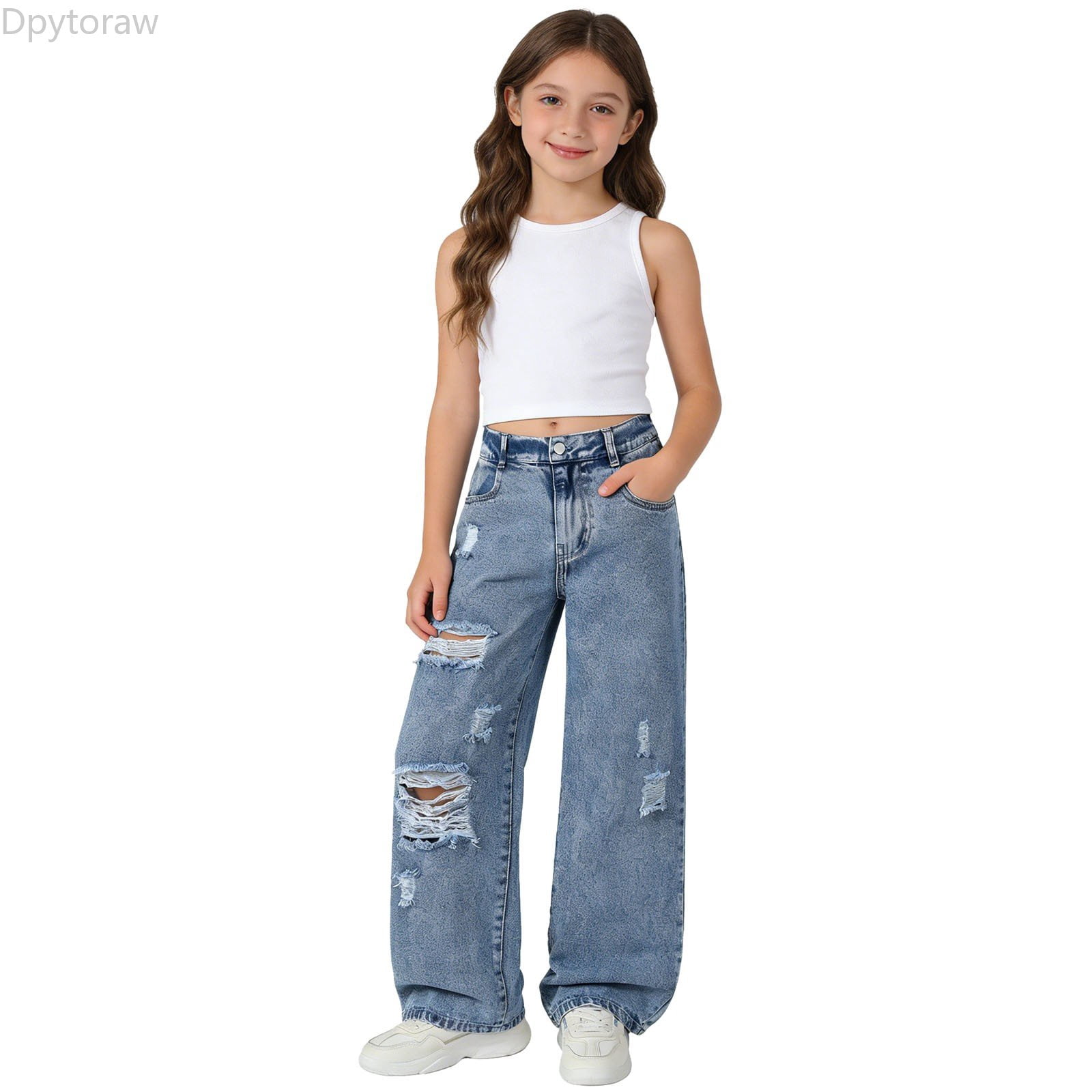 Dpytoraw Girls Loose Fit Denim Pants, Distressed Fringe Details ...