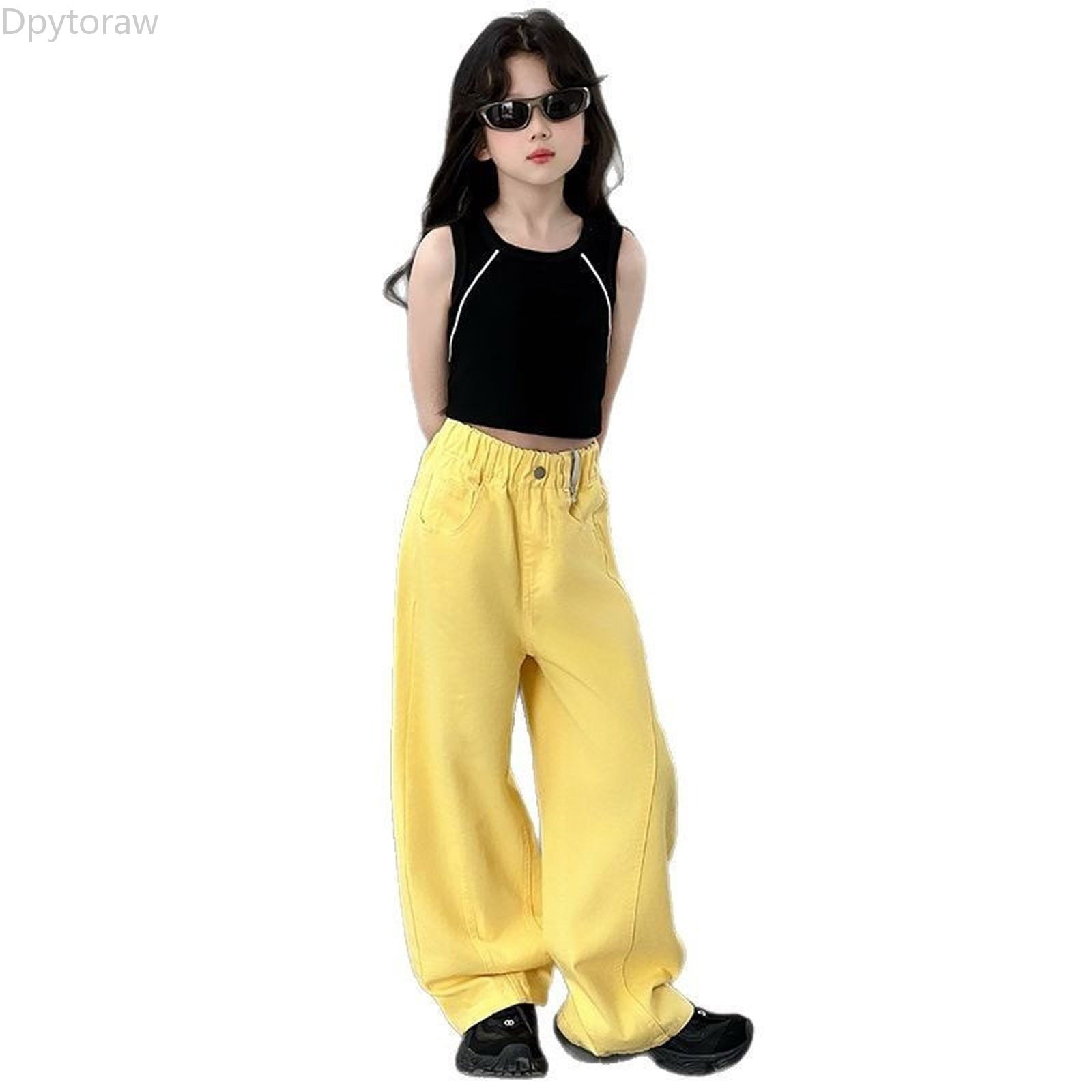 Dpytoraw Girls Solid Color Jeans, Straight Wide Leg Elastic Waist ...