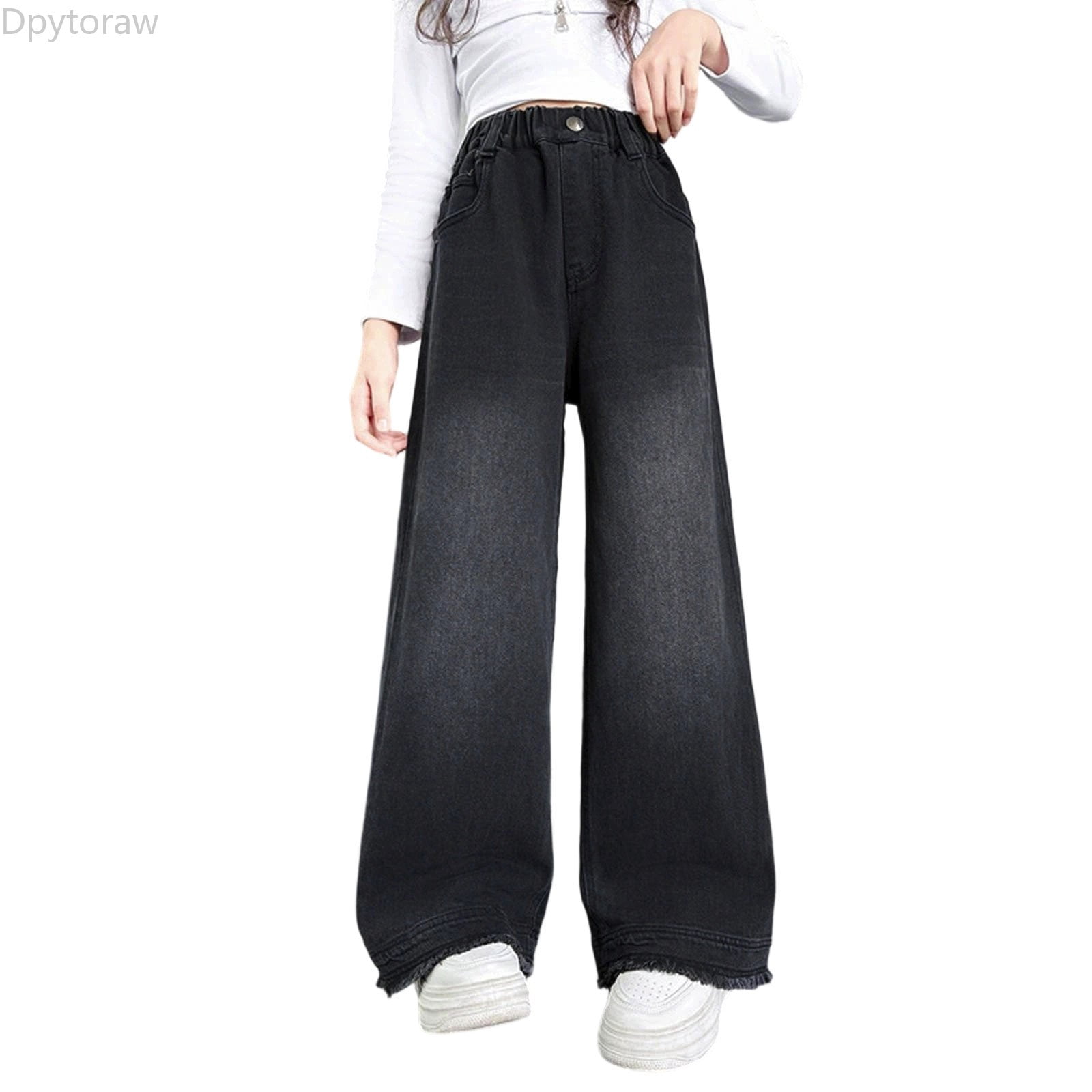Dpytoraw Girls Straight Wide Leg Jeans, Black Loose Fit Autumn Denim ...