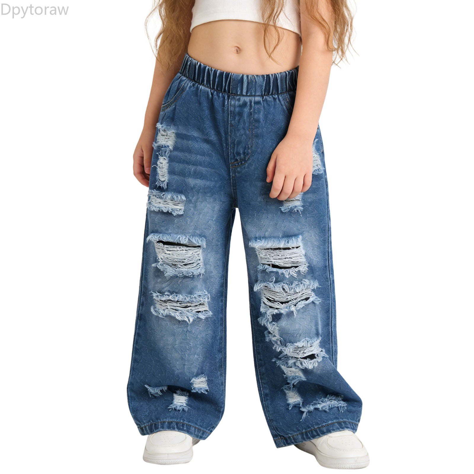 Dpytoraw Kids Jeans for Girls, Elastic Waistband Comfortable Wide Leg ...