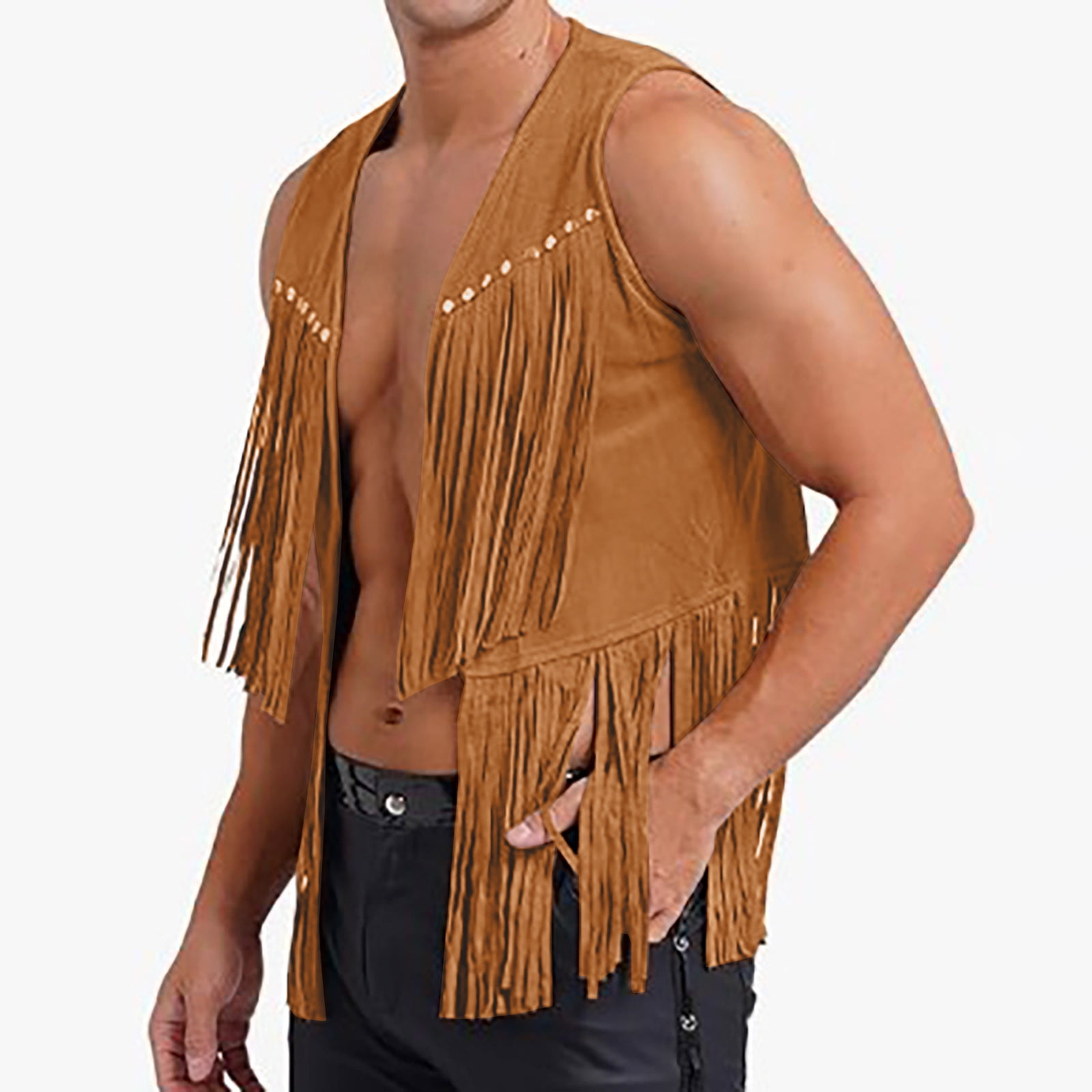 Dpytoraw Male New Tassel Deer Skin Velvet Buttonless Mid Length Vest ...