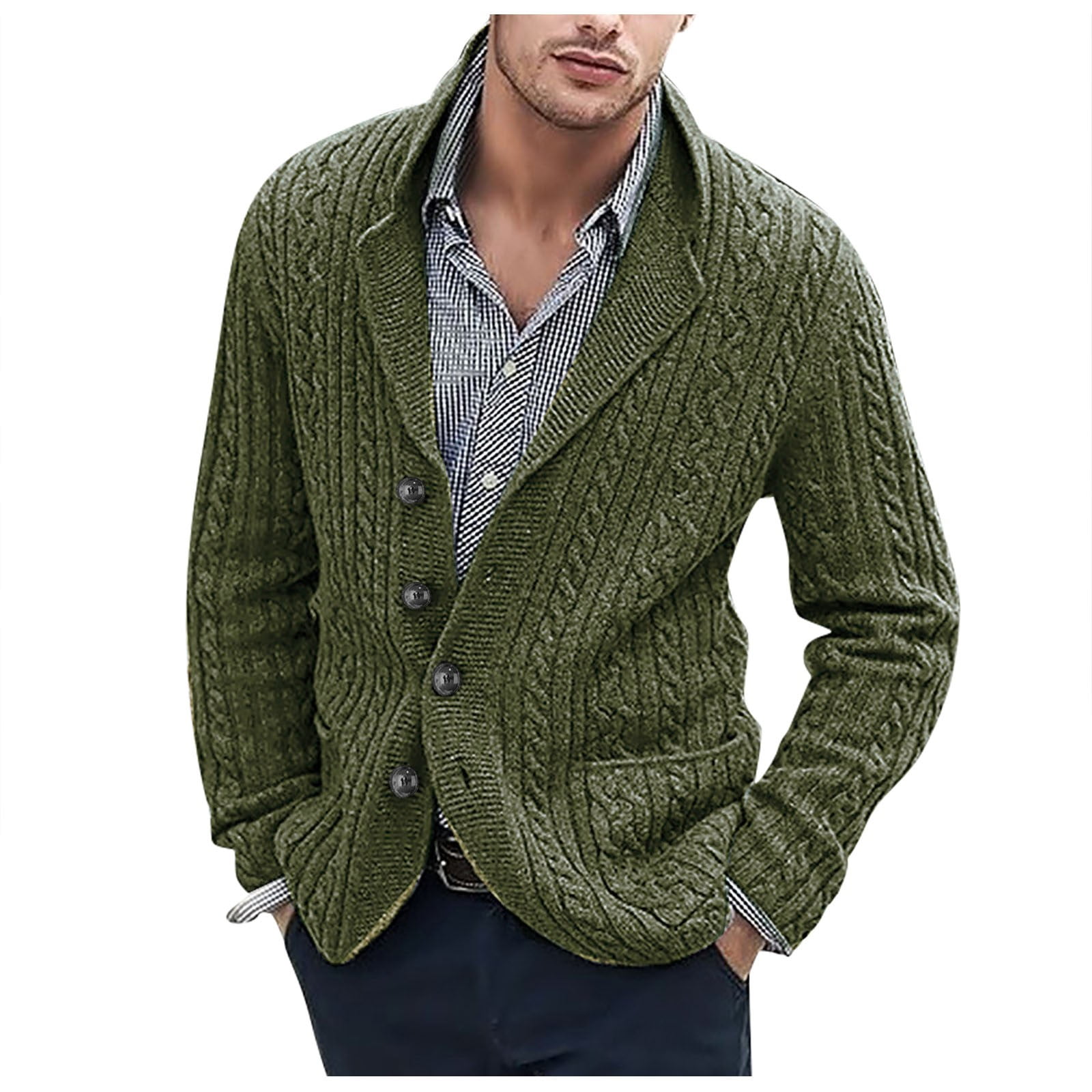 Dpytoraw Men Solid Color Knitted Button Up Cardigan With A Lapel Pocket ...