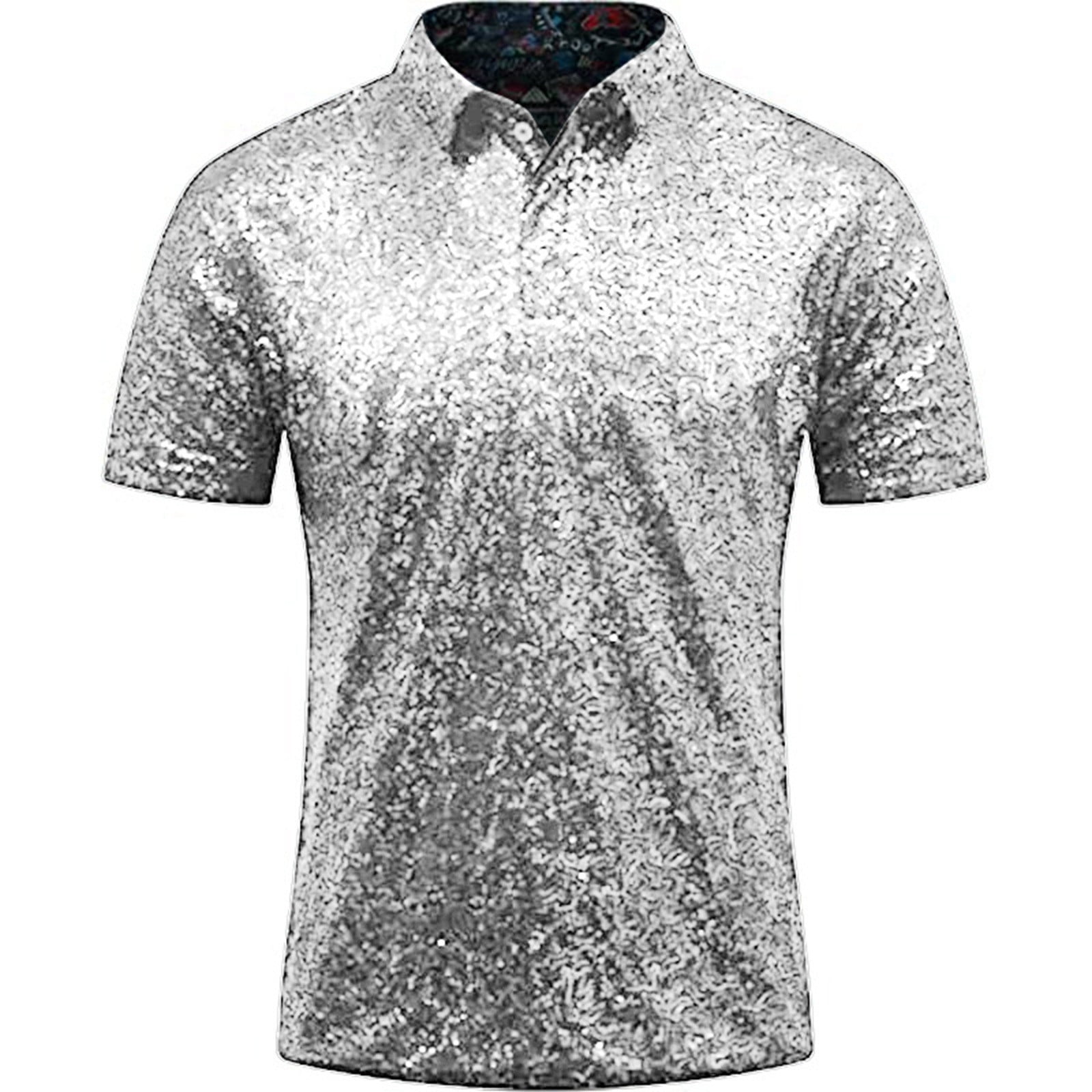 Dpytoraw Men's Relaxed Short Sleeve Turndown Sparkles Sequins Polos Shirts 70s Disco Nightclub ...