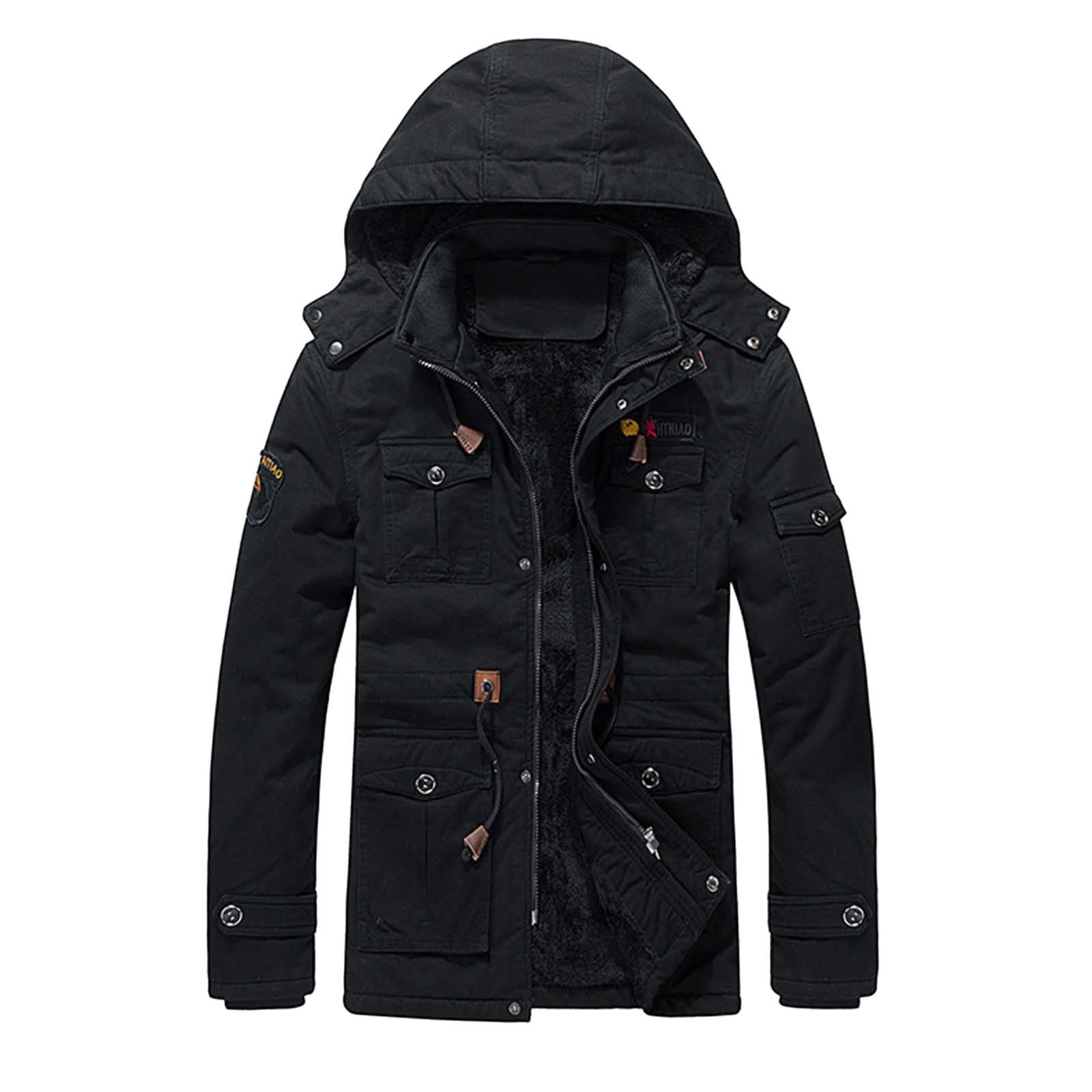 Dpytoraw Men's Winter Coat Thick Jacket Mid Length Hooded Cargo Jacket ...