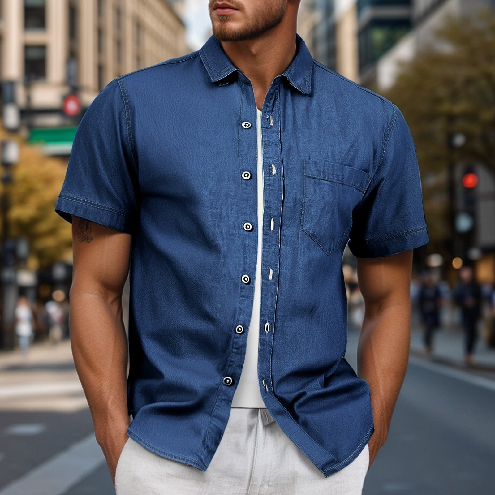 Dpytoraw Slim Fit Washed Denim Shirt For Men Short Sleeved And ...