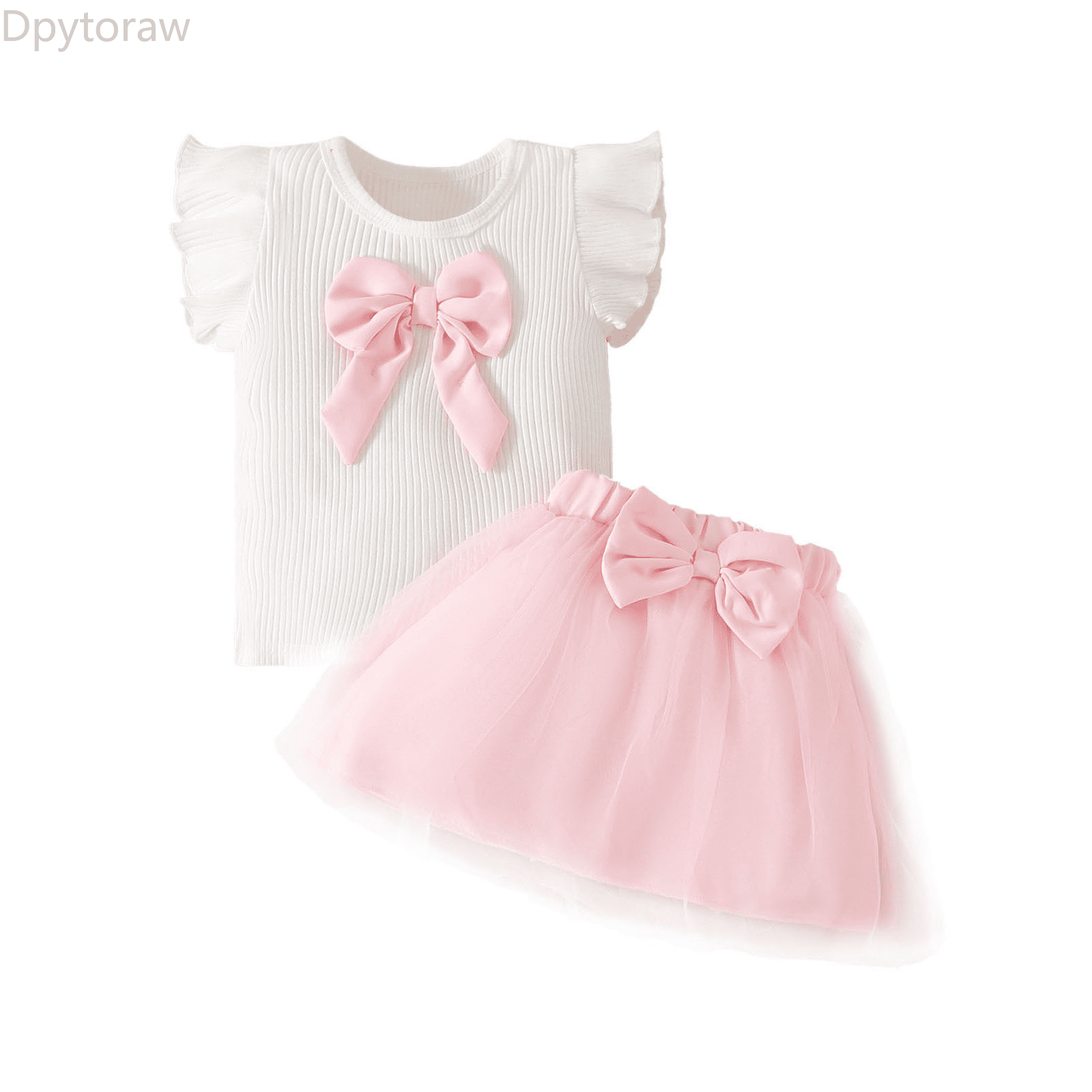 Dpytoraw Toddler Girls Fly Sleeve Bowknot Ribbed Tops T Shirt Skirts ...