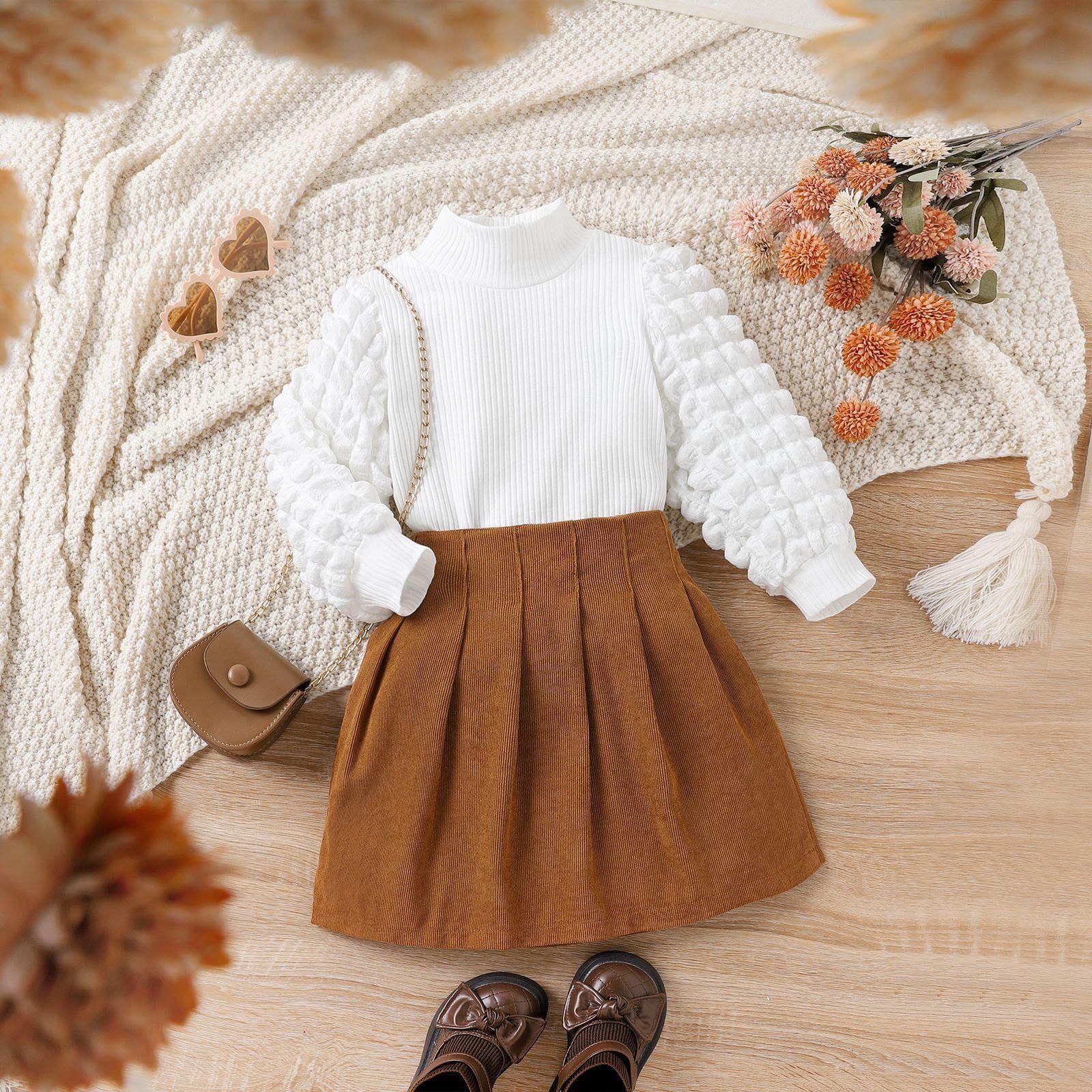 Dpytoraw Toddler Girls Winter Long Sleeve Ribbed Tops Skirt 2PCS ...