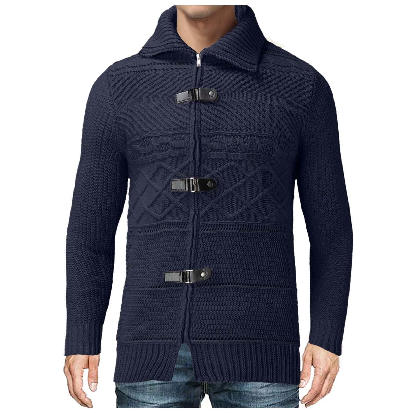 Dpytoraw Turtleneck Sweater Mens Leather Button Long Sleeve Knit ...