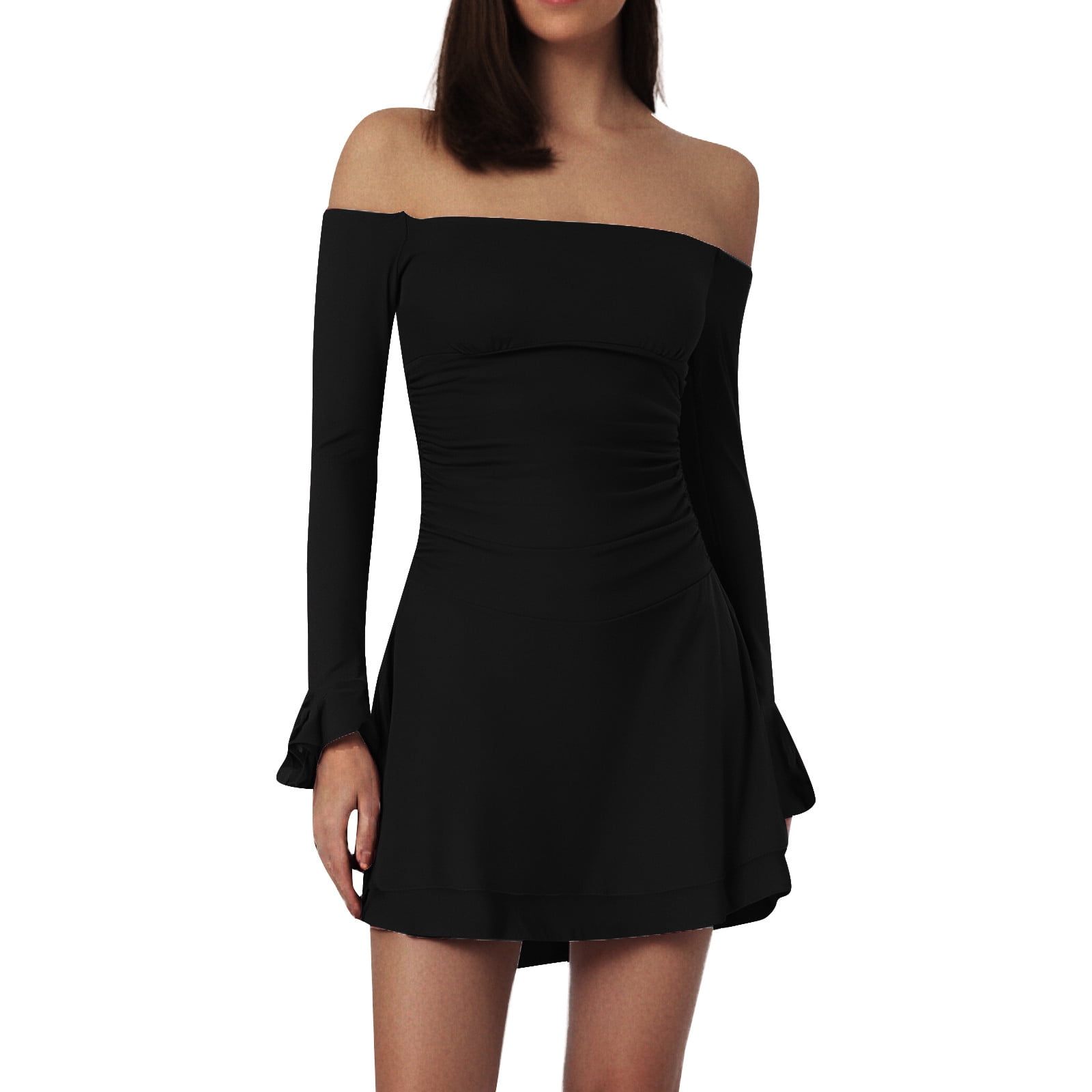 Dpytoraw Women Off Shoulder Ruched Mini Dress Sexy Slim Fit Long Sleeve ...