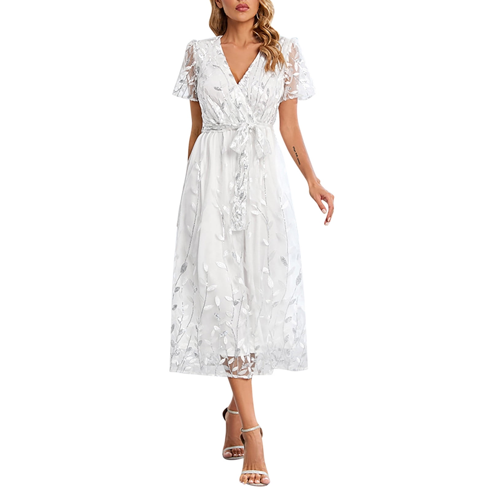 Dpytoraw Women's Stylish And Elegant V Neck Mid Length Mesh Embroidered ...