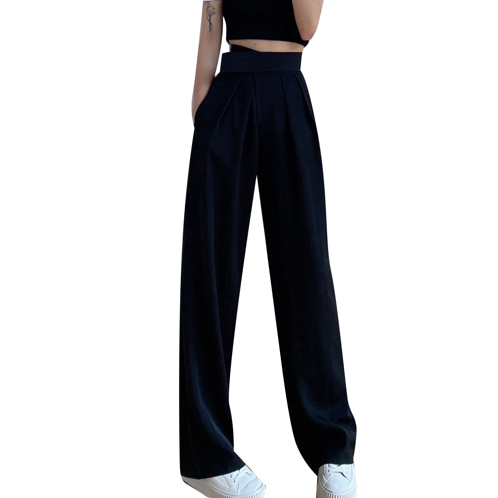 Dpytoraw Women's Suit Trousers With Wide Leg High Waist Long Trousers Palazzo Plain Trousers ...