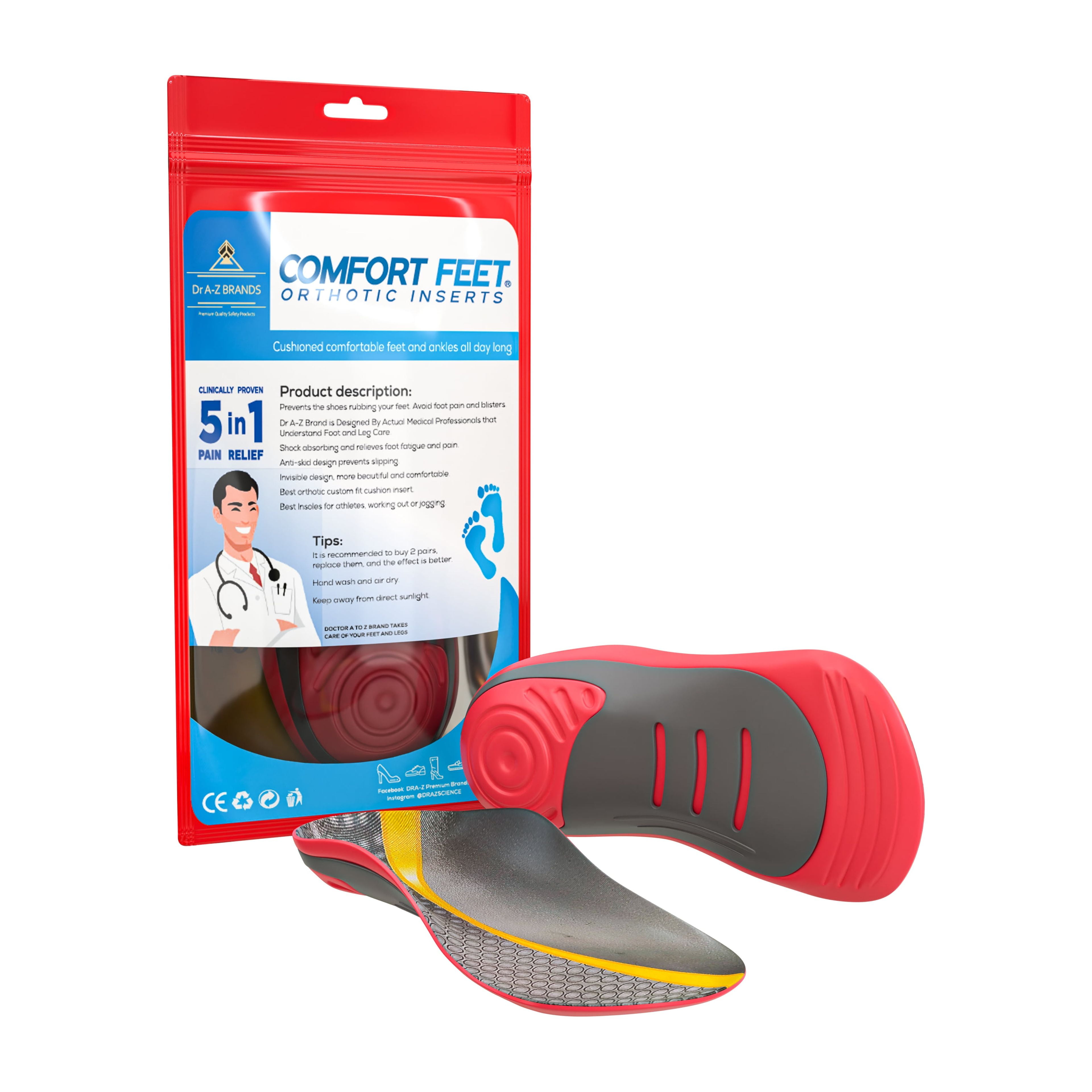 Dr. A-Z's Custom Fit Orthotic Inserts, CF 440, Red, Grey, Pair Fits SM ...