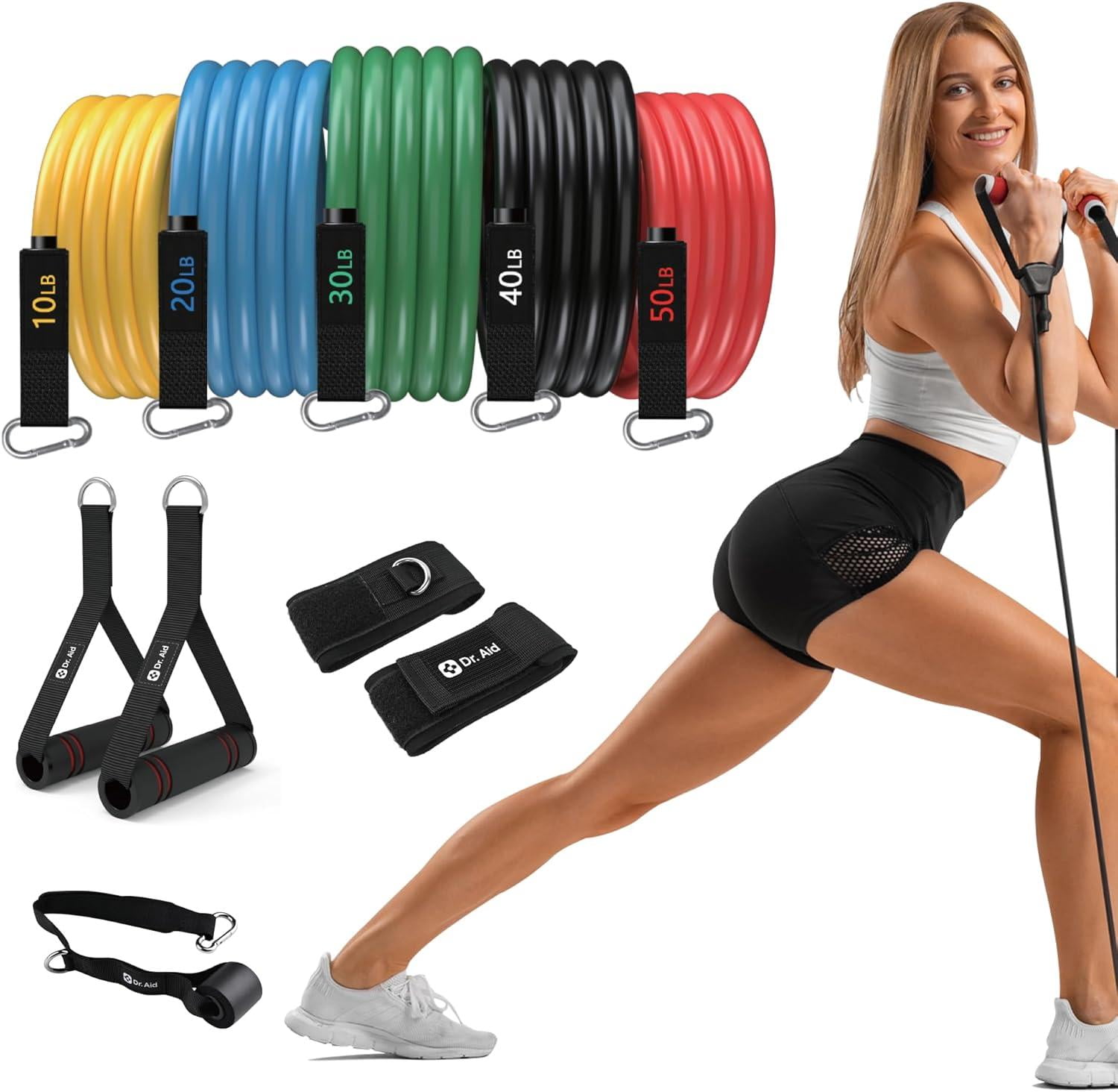Dr. Aid Resistance Bands Set – 5 Stackable Workout Bands with Handles, Pure Latex, High ...