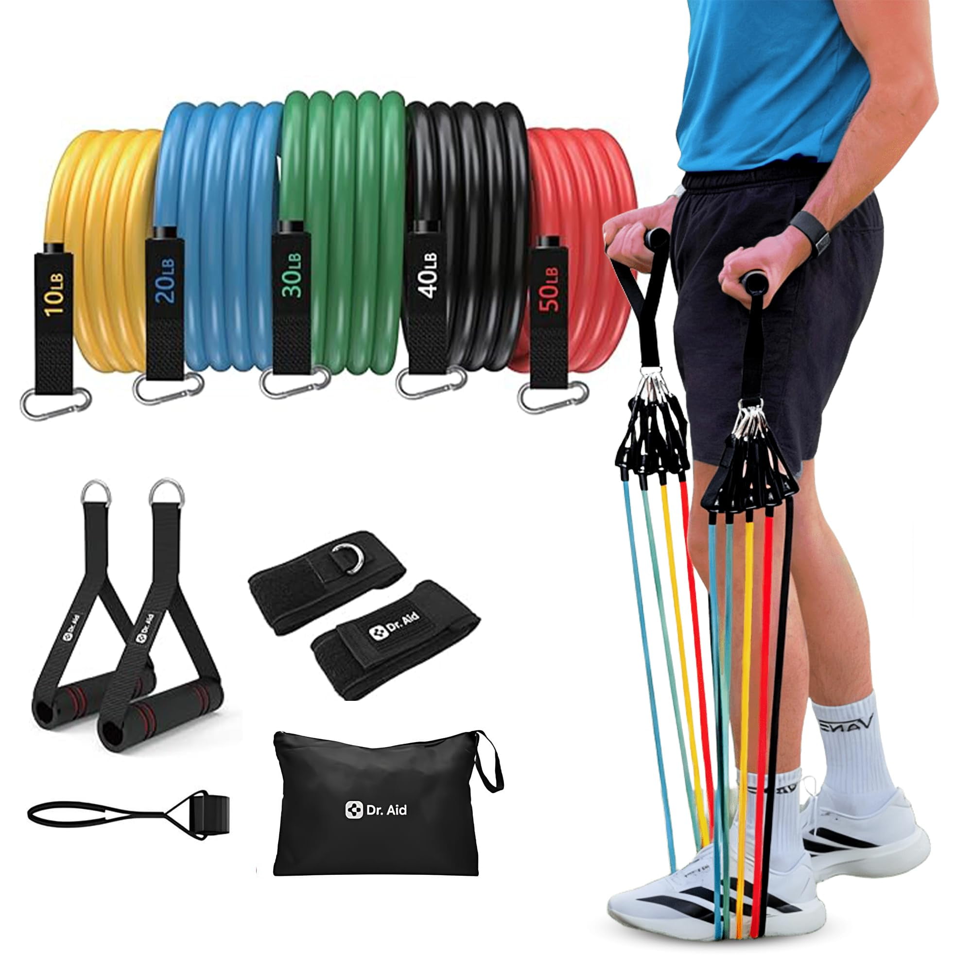 Dr. Aid Resistance Bands Set – 5 Stackable Workout Bands with Handles, Pure Latex, High ...
