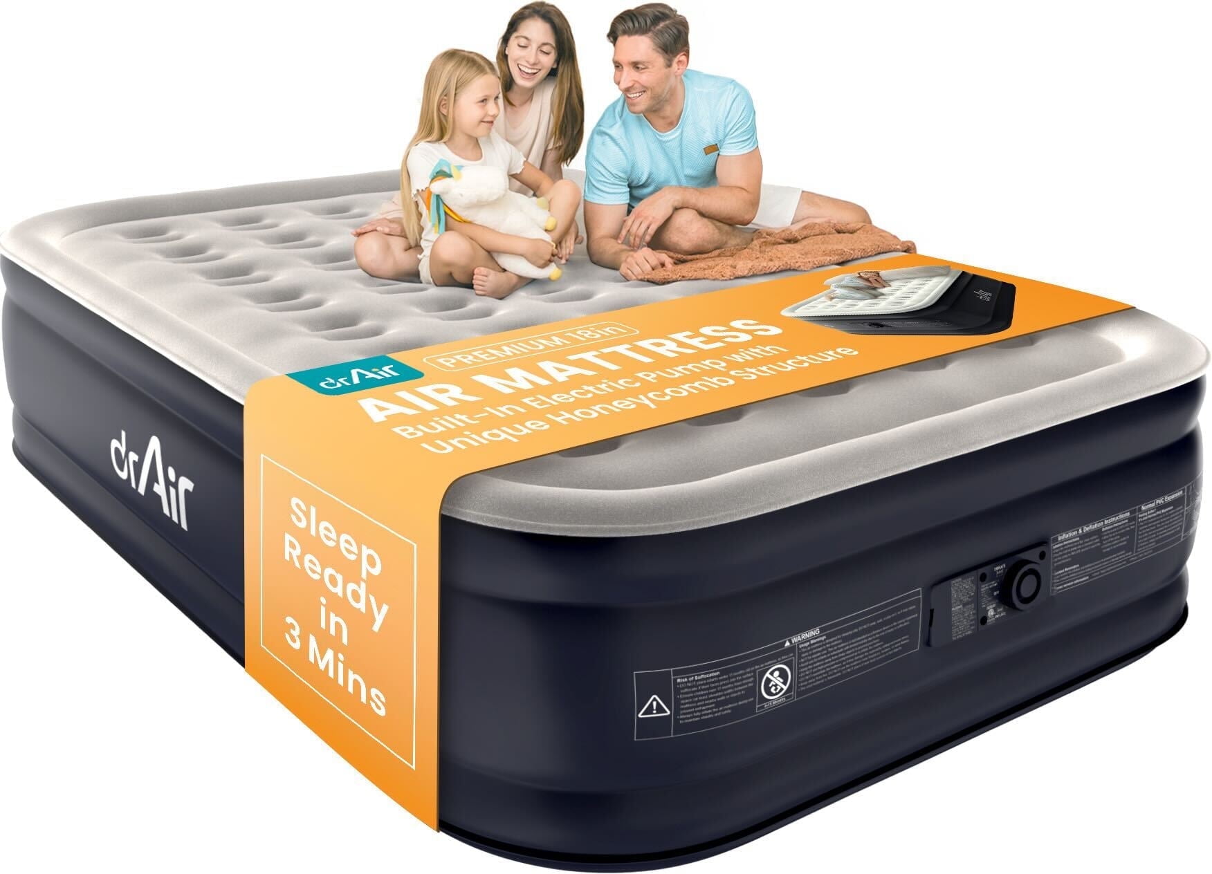 Dr. Air Queen Air Mattress, 18” Raised Inflatable Bed with Built-in ...