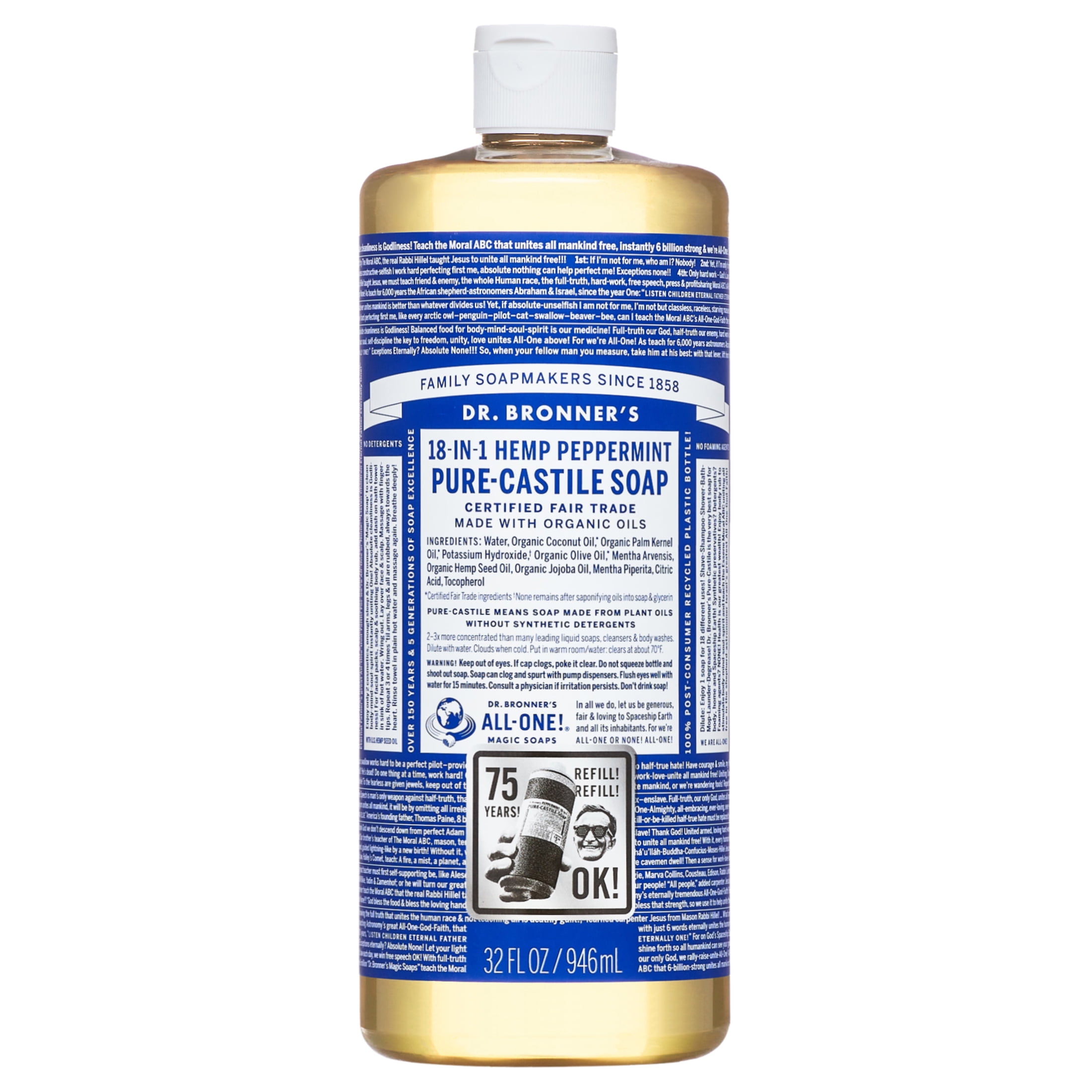 Dr. Bronner's Pure-Castile Liquid Soap – Peppermint – 32 oz - Walmart.com