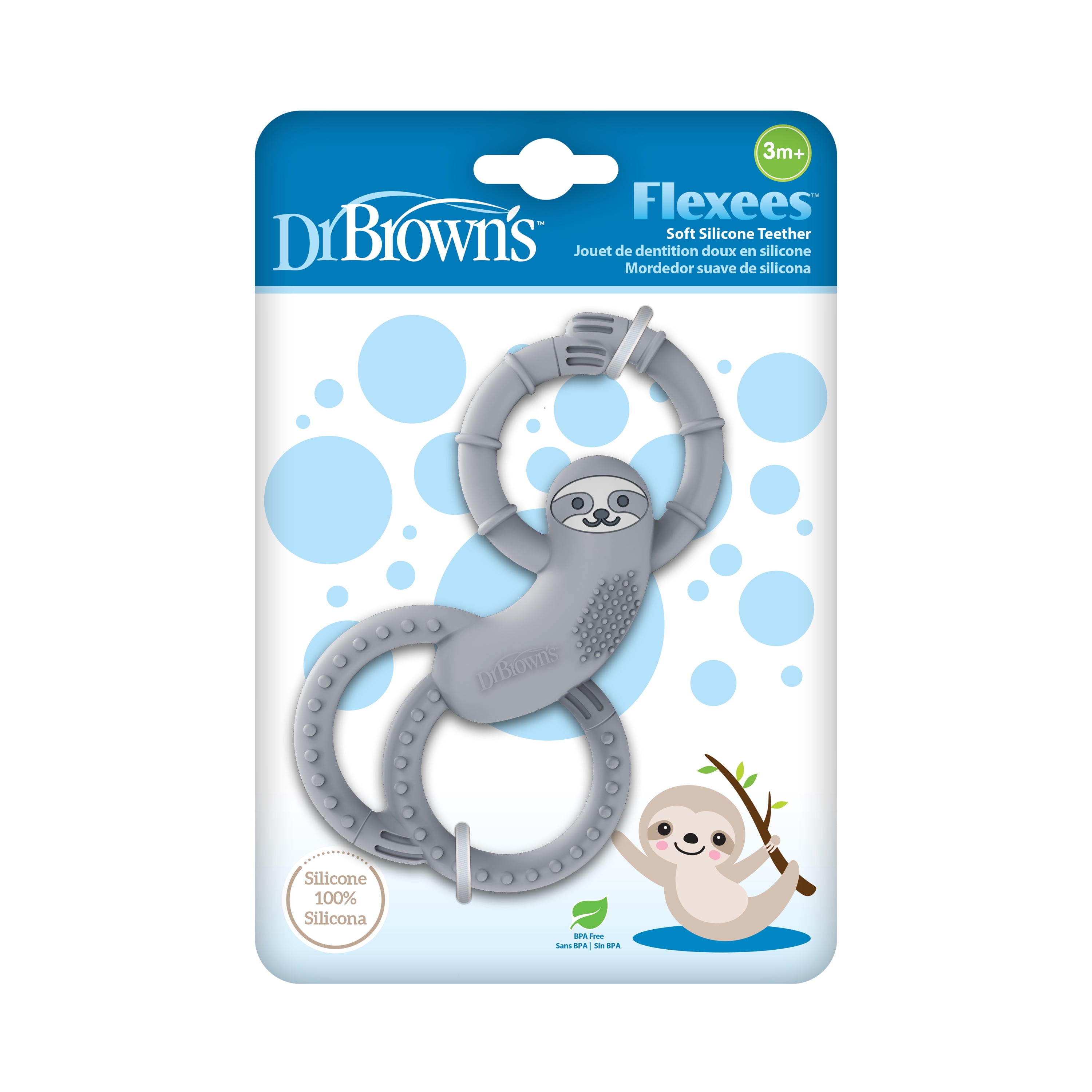 Dr. Brown's Flexees Baby Teether, Gray Sloth, 100% Silicone, Infant ...