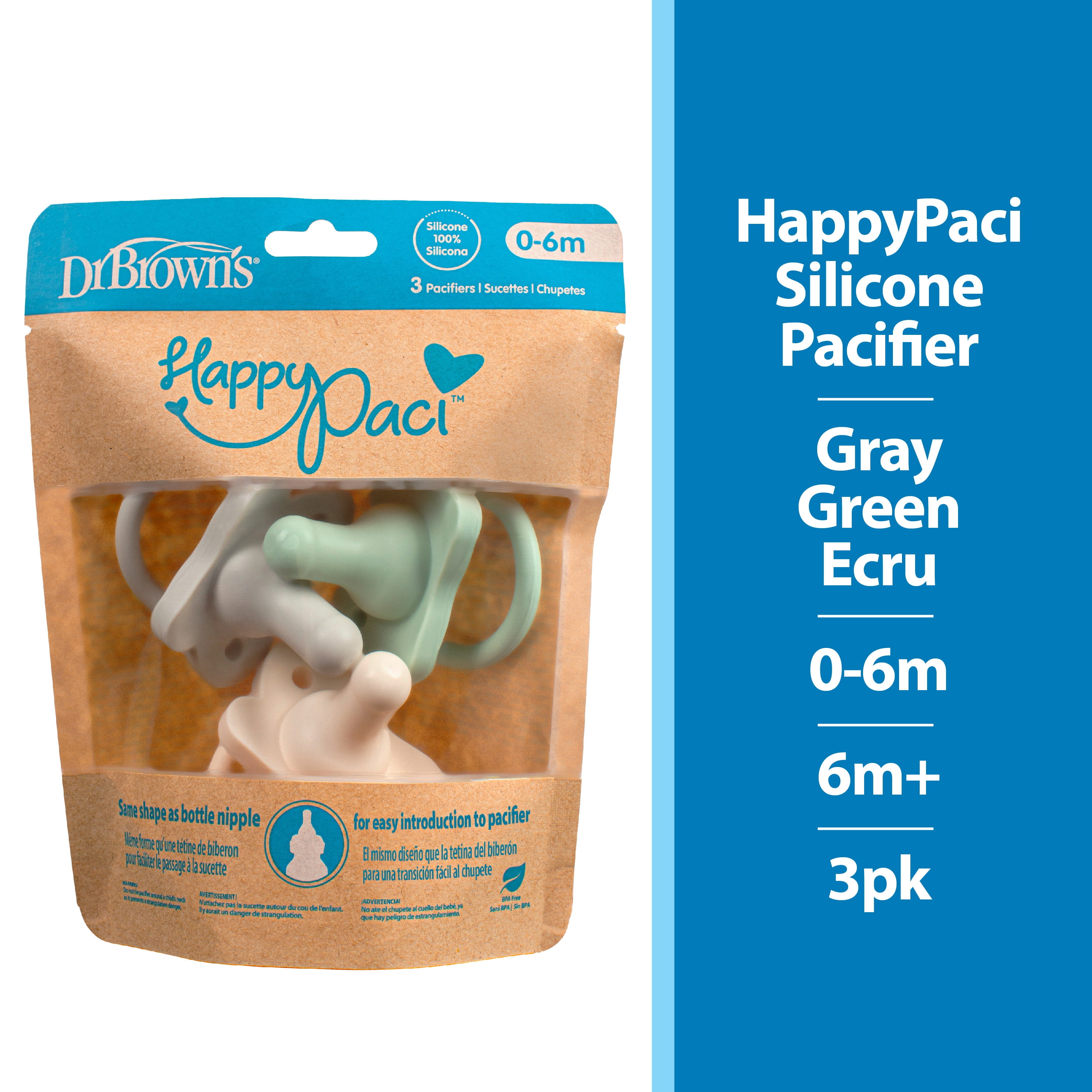 Dr. Brown's HappyPaci 100% Silicone Pacifier 0-6m, BPA Free, Cool Gray ...