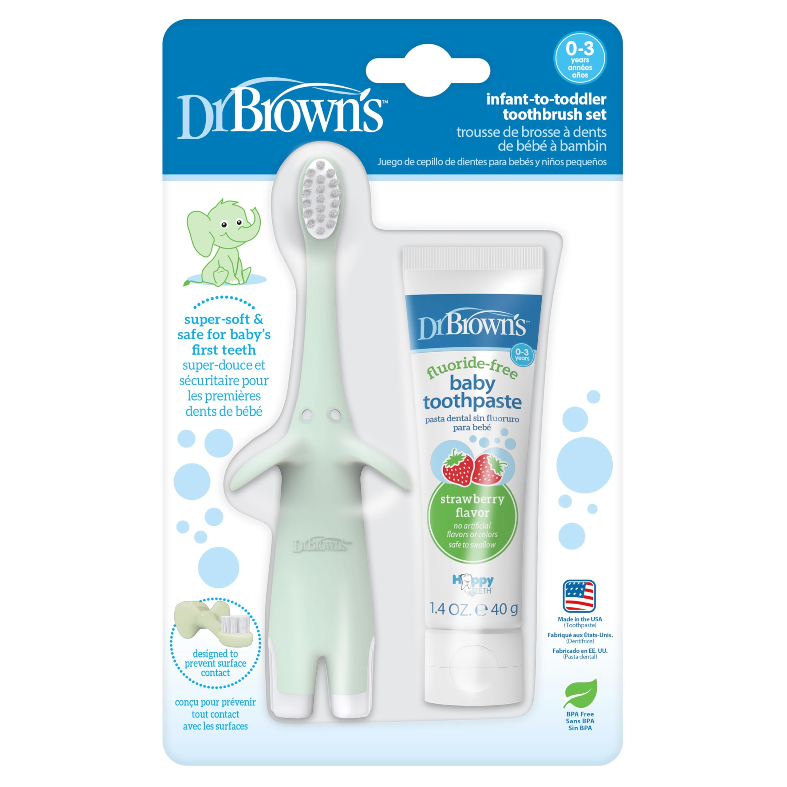 Dr. Brown's Infant-to-Toddler Training Toothbrush Set, Mint Elephant ...