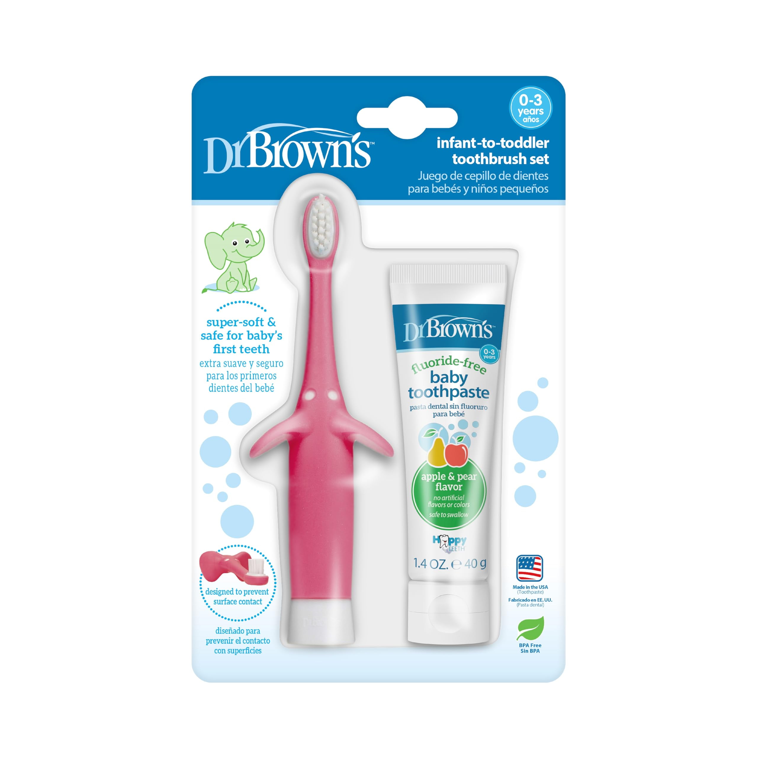 Dr. Brown's Infant-to-Toddler Training Toothbrush Set, Pink Elephant ...