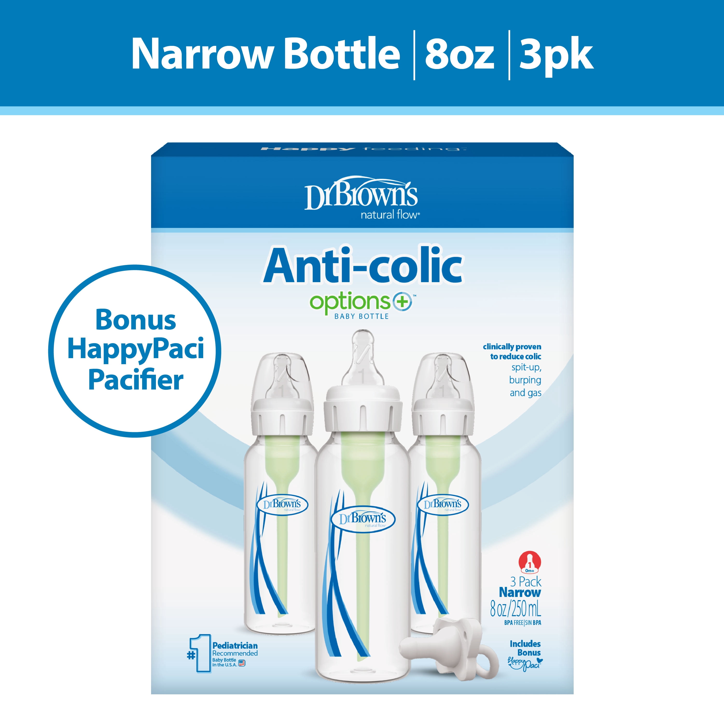 Dr. Brown's Natural Flow Anti-Colic Options+ Narrow Baby Bottle, 8oz, 3 ...