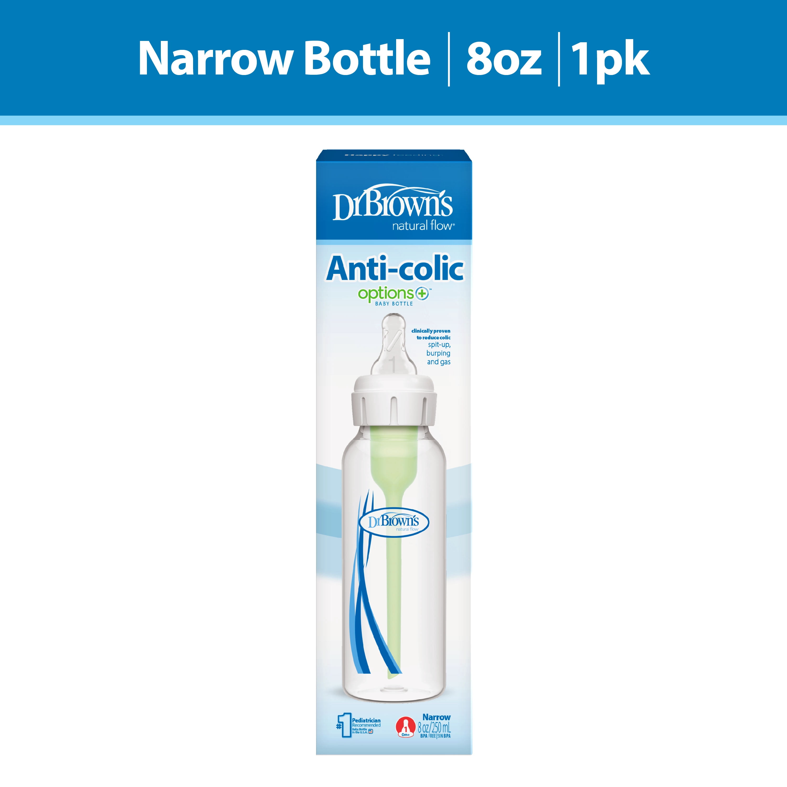 Dr. Brown's Anti-Colic Options+ Narrow Baby Bottle, 8oz/250ml, with ...