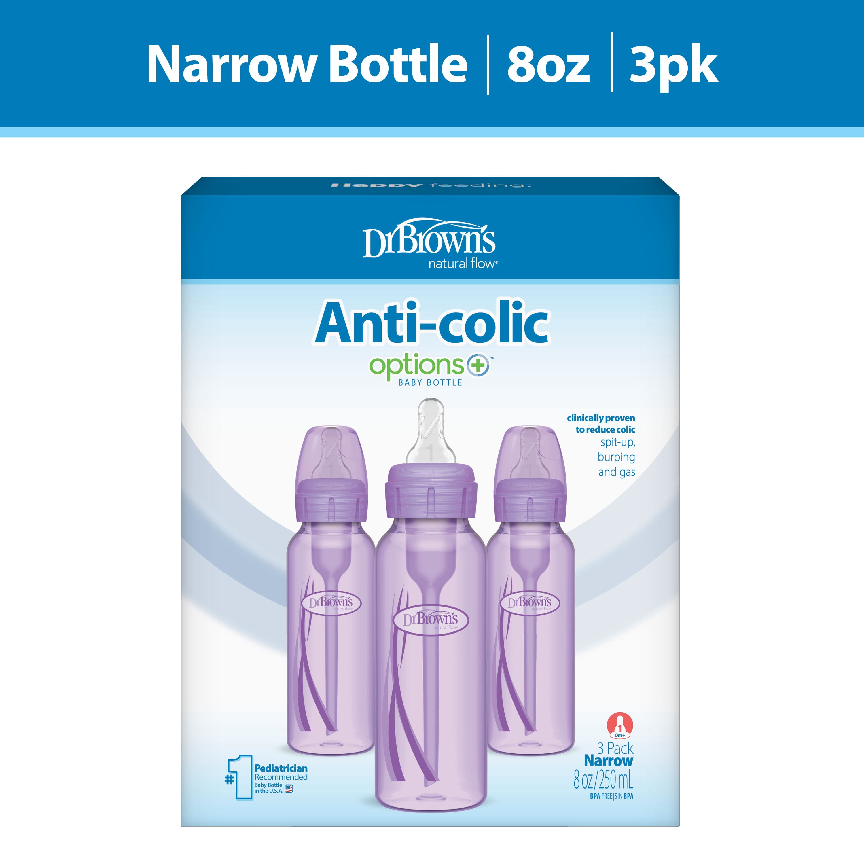 Dr. Brown's, Baby Bottle, Natural Flow Anti-Colic Options+ 8oz, 3 Pack ...