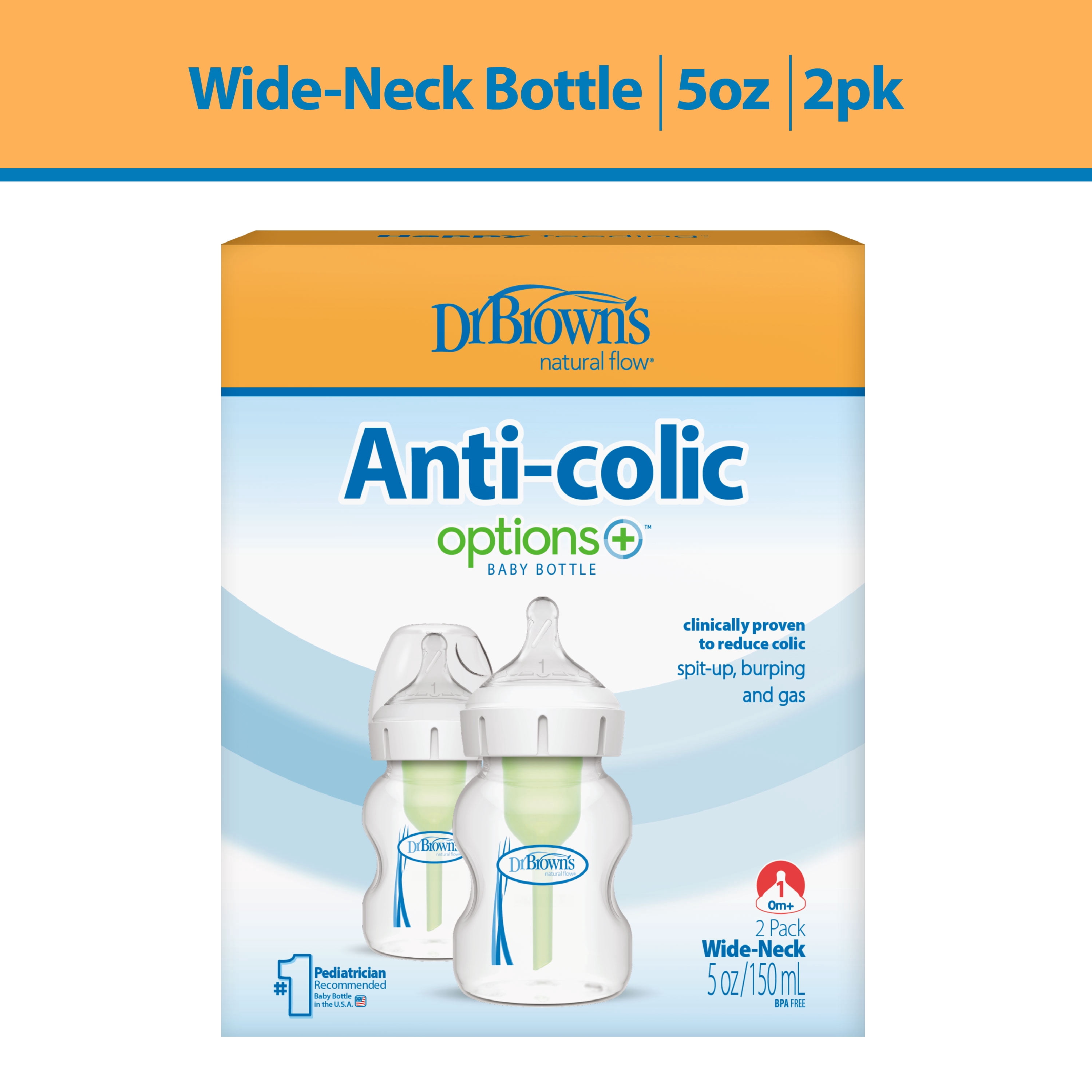 Dr. Brown's 5oz Anti-Colic Wide-Neck Baby Bottle, Level 1 Nipple, 2 ...