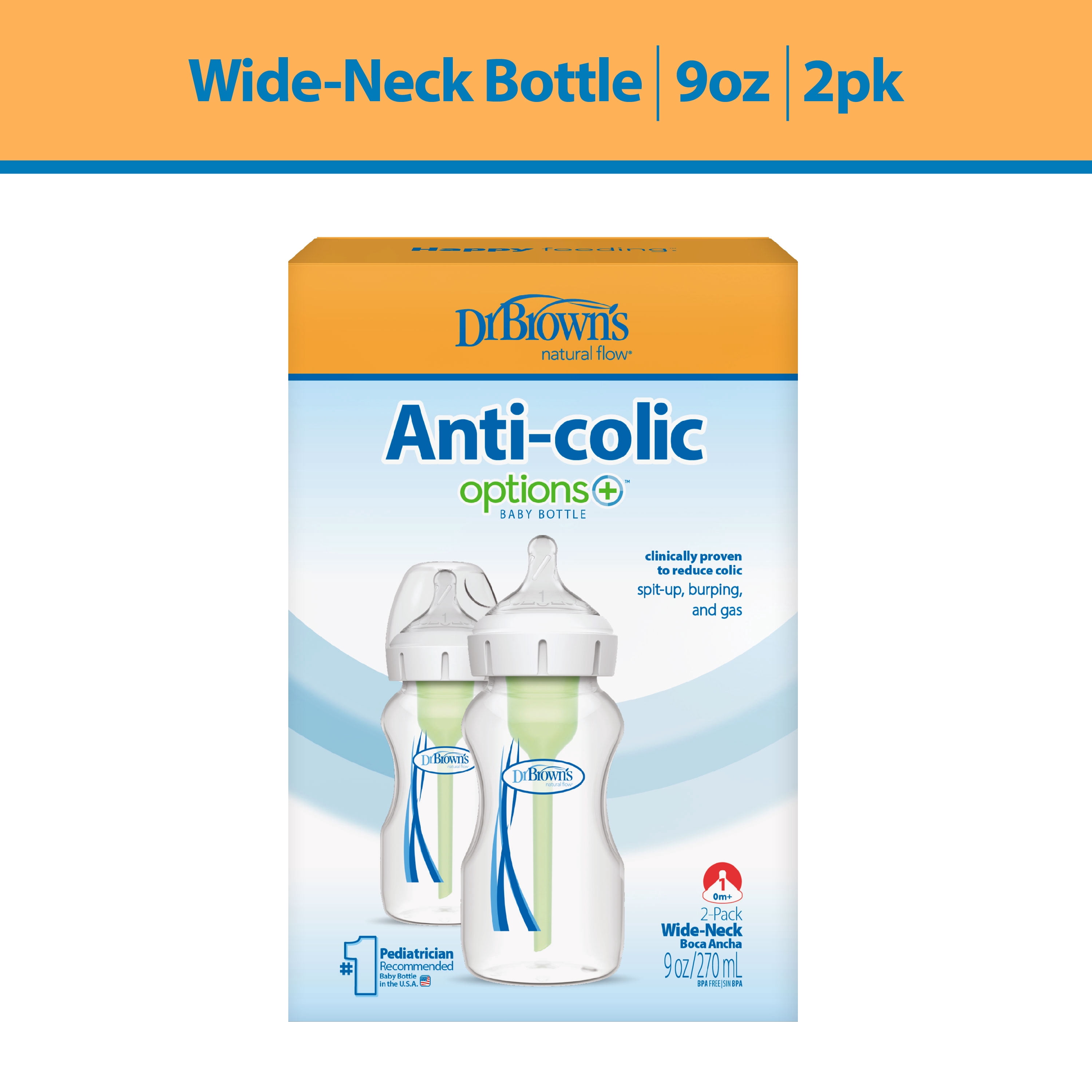 Dr. Brown's Anti-Colic Options + Wide-Neck Baby Bottle, 9 oz/270 ml ...