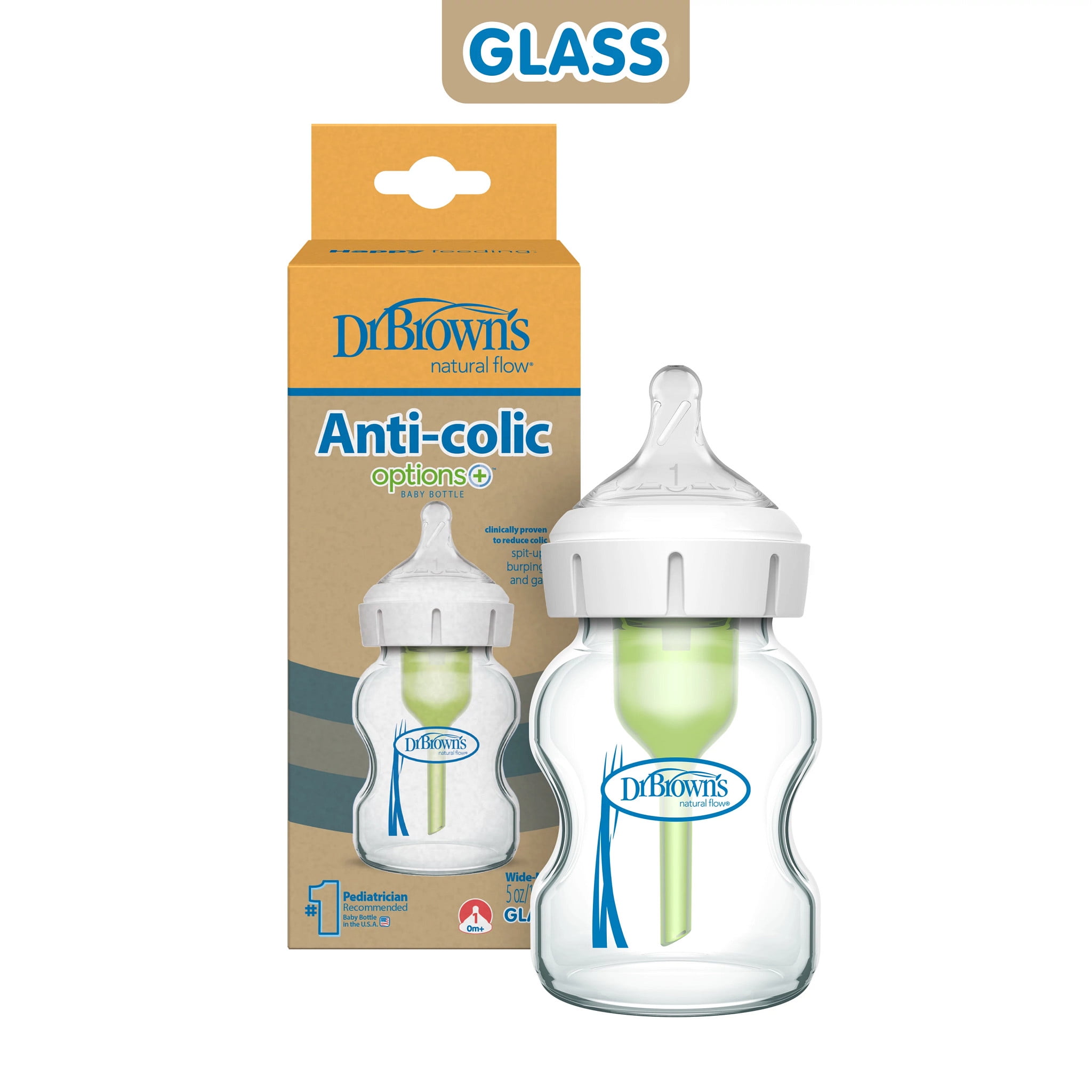 Dr. Brown's Anti-Colic Natural Flow Options+ 5 oz. Wide-Neck Glass Baby ...